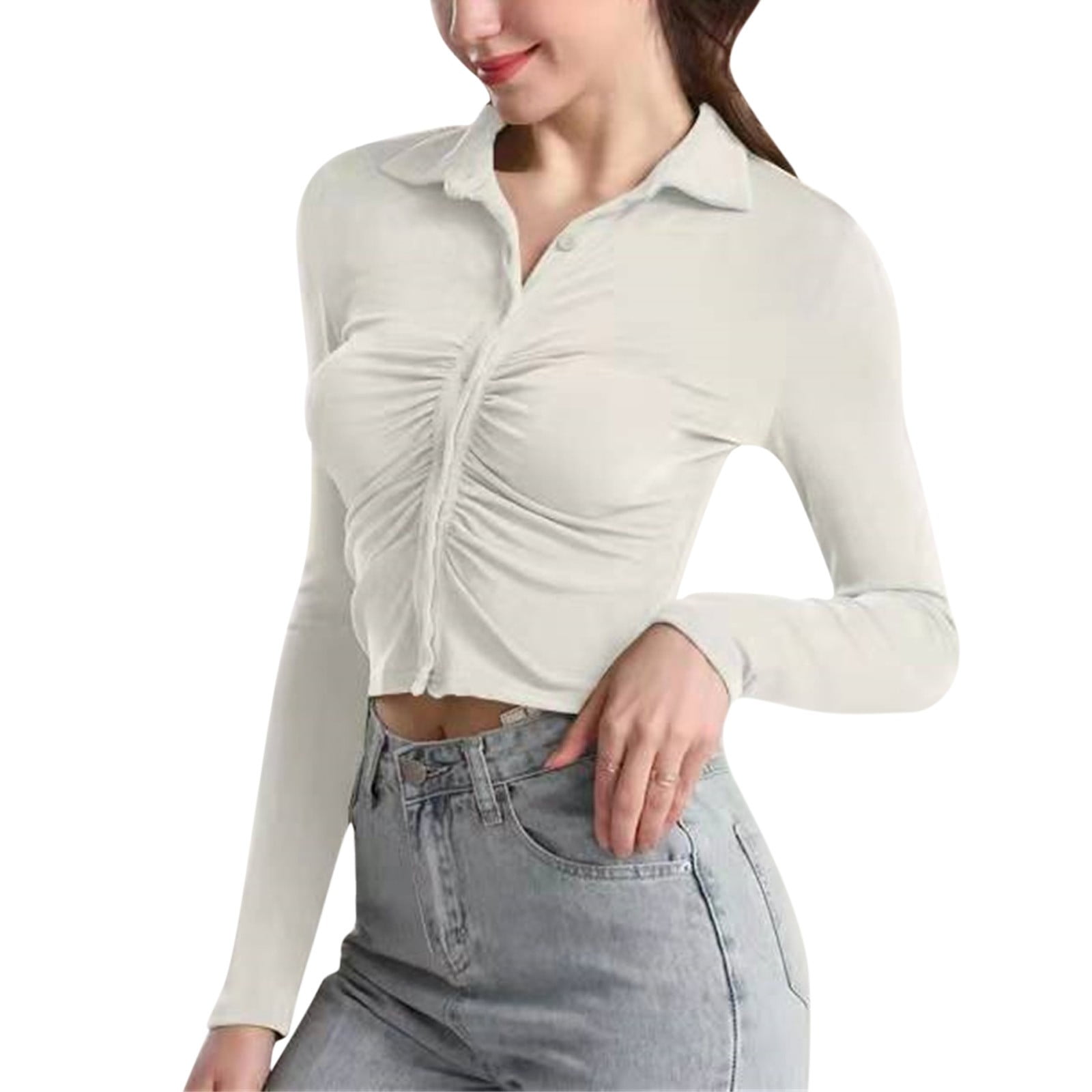 CAIVO Women'S Autumn Solid Color Lapel Single Long Sleeve Shirt ...