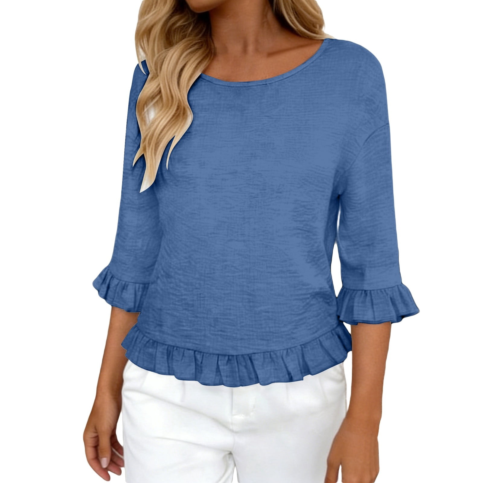 CAIVO Women Shirts Linen Round Neck Ruffle 3/4 Sleeve Loose Blouse Soft ...