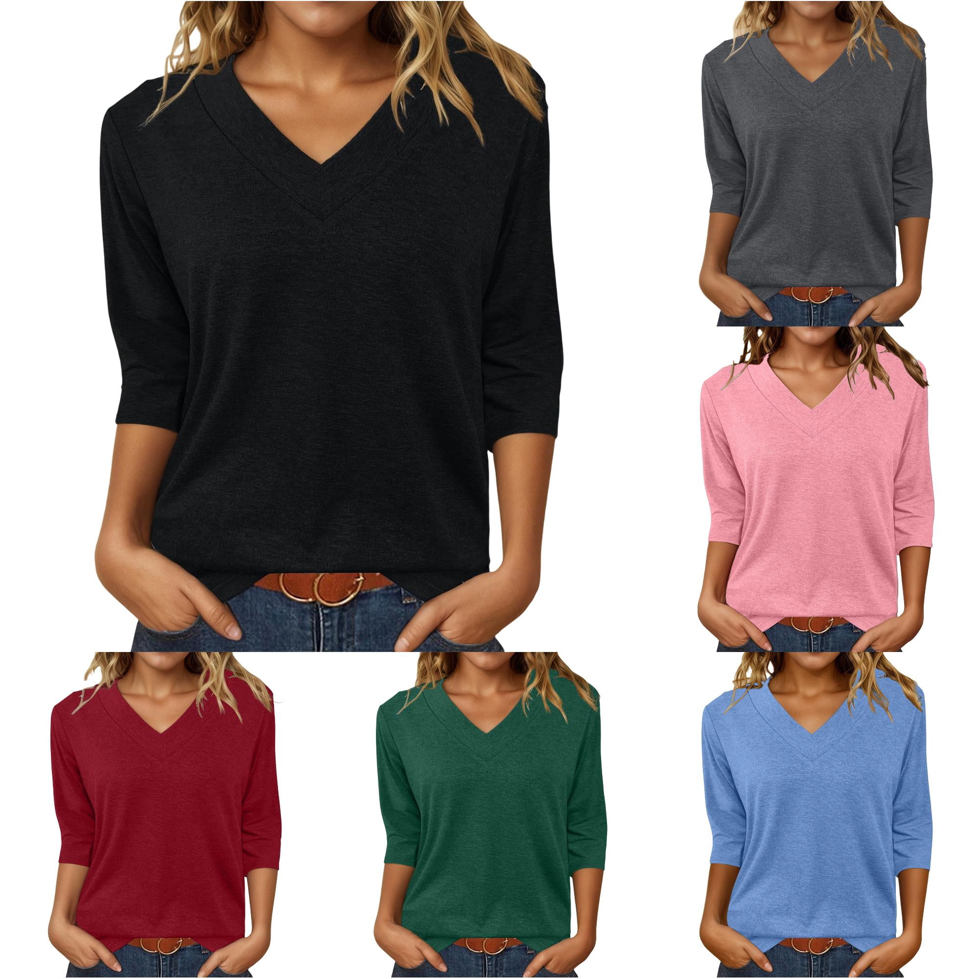 CAIVO Women Shirts Casual Solid Color Fashionable V Neck Three Quarter ...