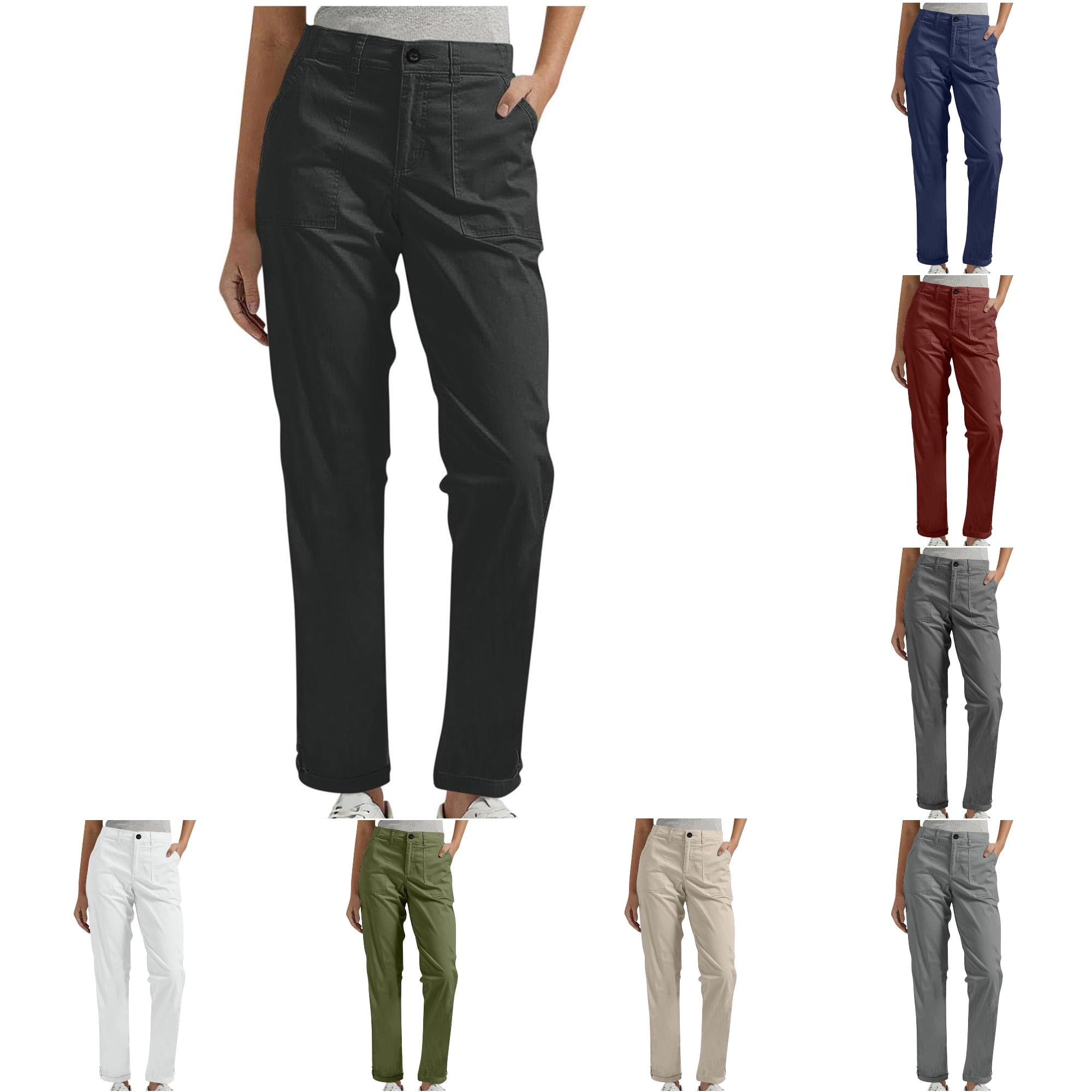 CAIVO Women Straight Cargo Pants Solid Color Mid-Waisted Stretch ...