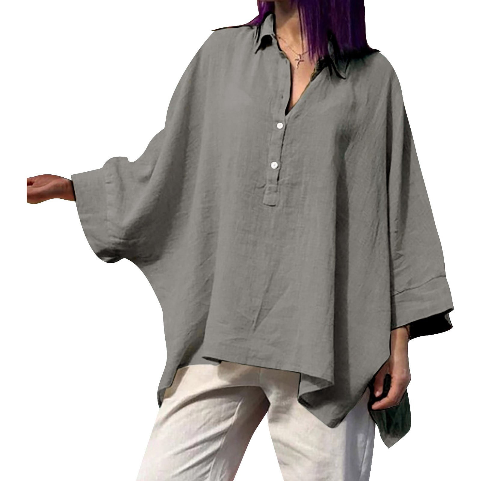CAIVO Women Summer Ladies Loose Blouses Cotton Linen Lapel Rolled Short ...