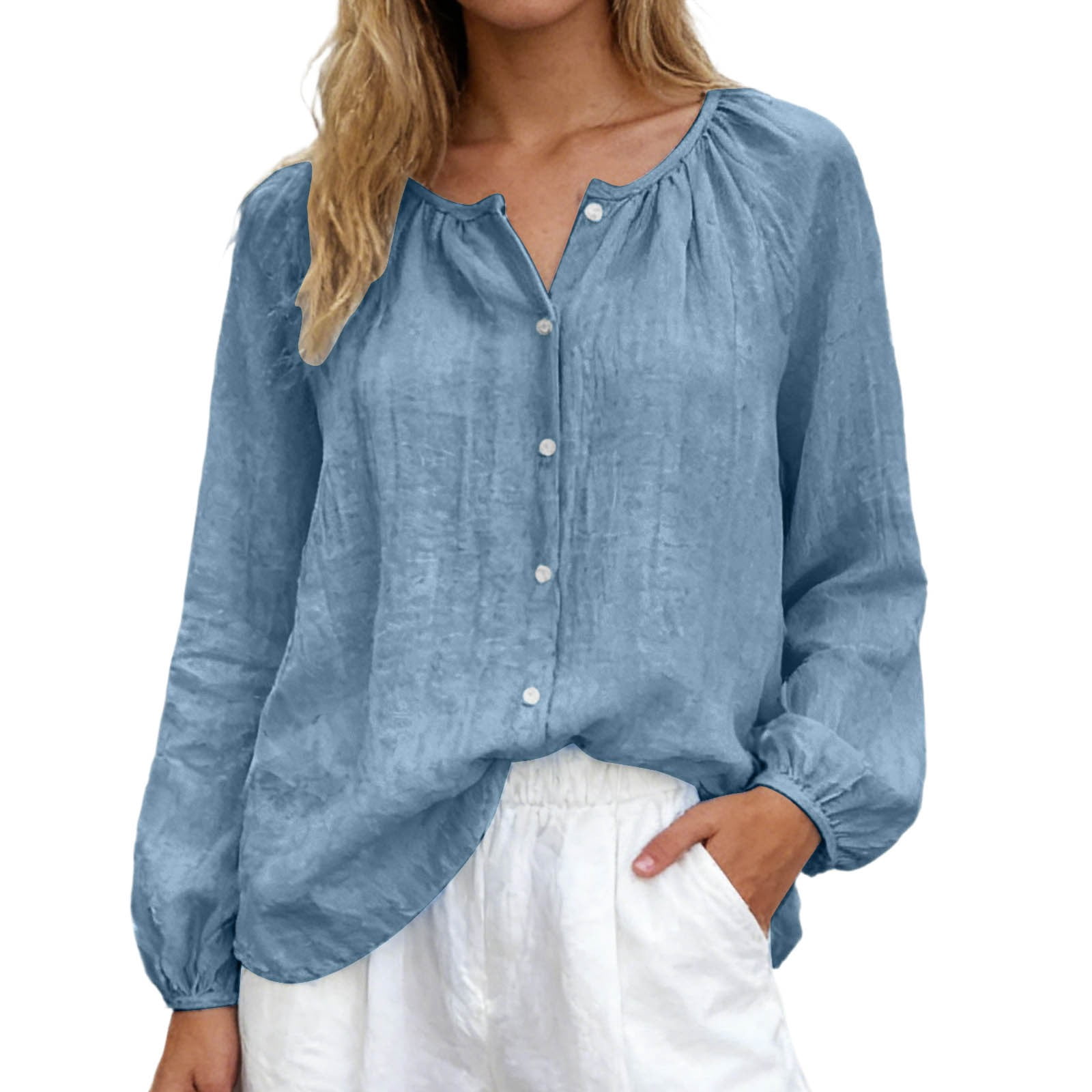 CAIVO Women Summer Shirt Puff Sleeve Blend Sun Blouse Casual O-Neck ...