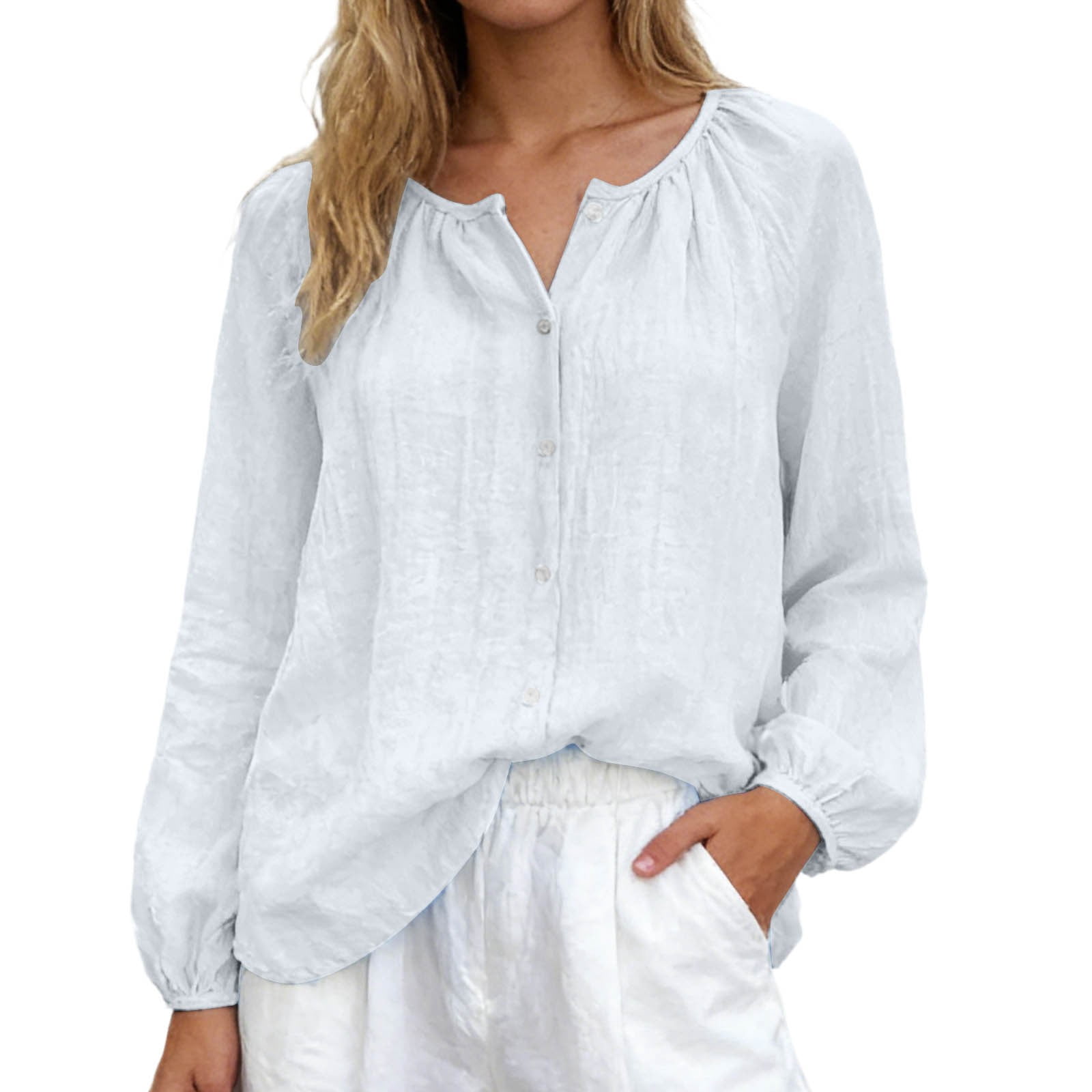 CAIVO Women Summer Shirt Puff Sleeve Blend Sun Blouse Casual O-Neck ...
