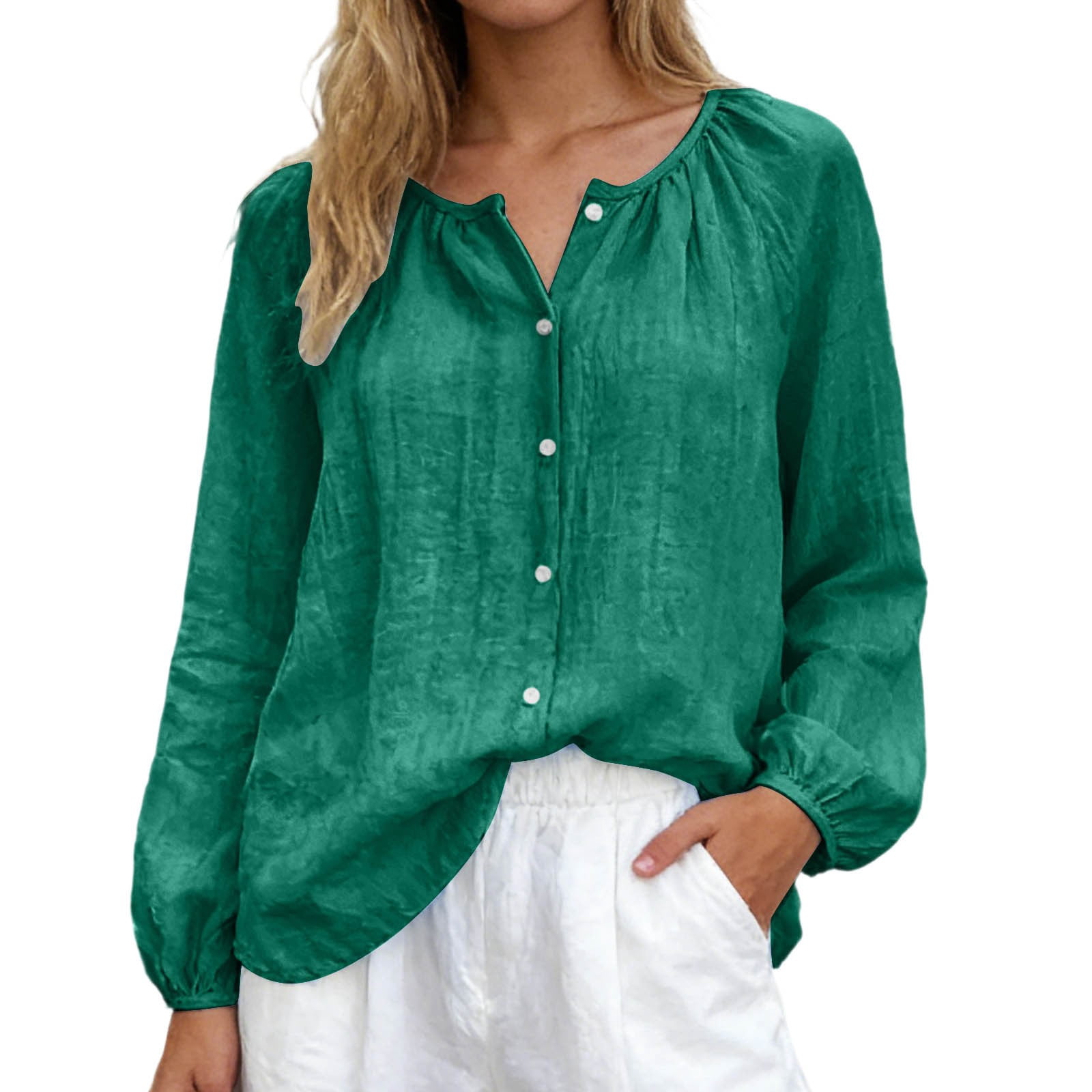 CAIVO Women Summer Shirt Puff Sleeve Blend Sun Blouse Casual O-Neck ...