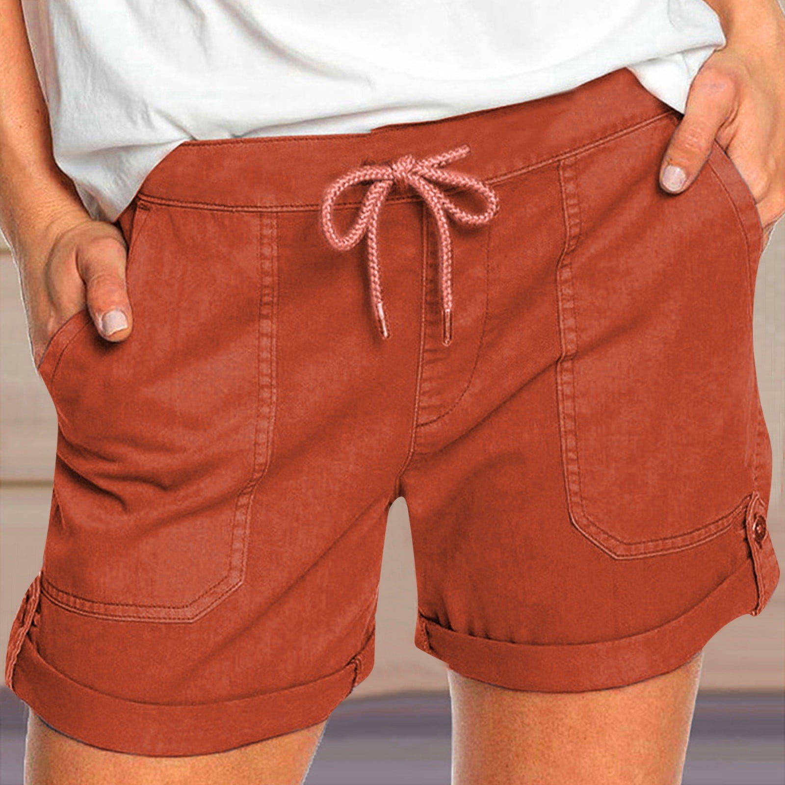 CAIVO Women Summer Solid Color Straight Leg Casual Elastic Waist Pocket ...