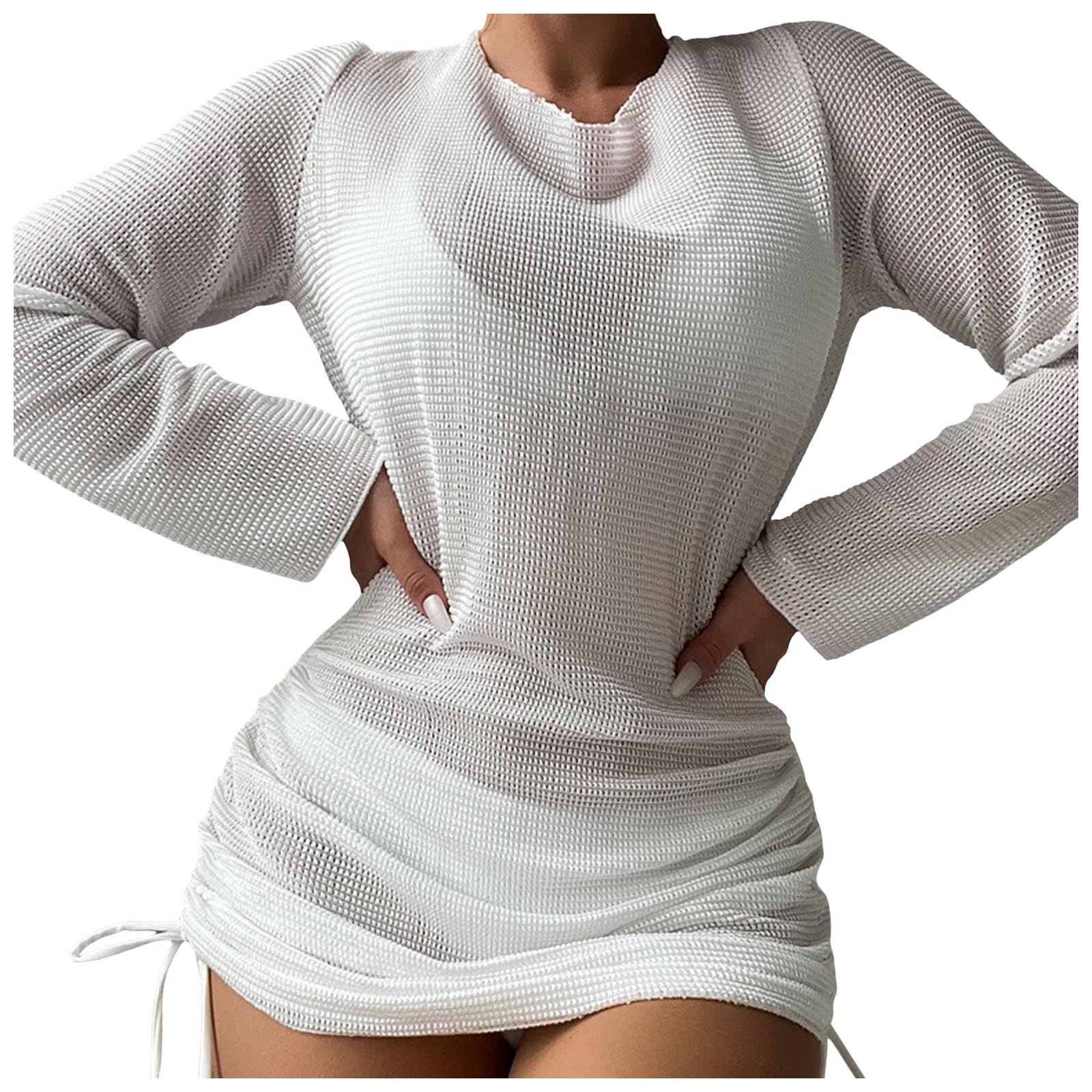 CAIVO Women Swimwear Sexy See Through Open Back White Wave Mesh Beach Long Sleeved Blouse Hawaii ...