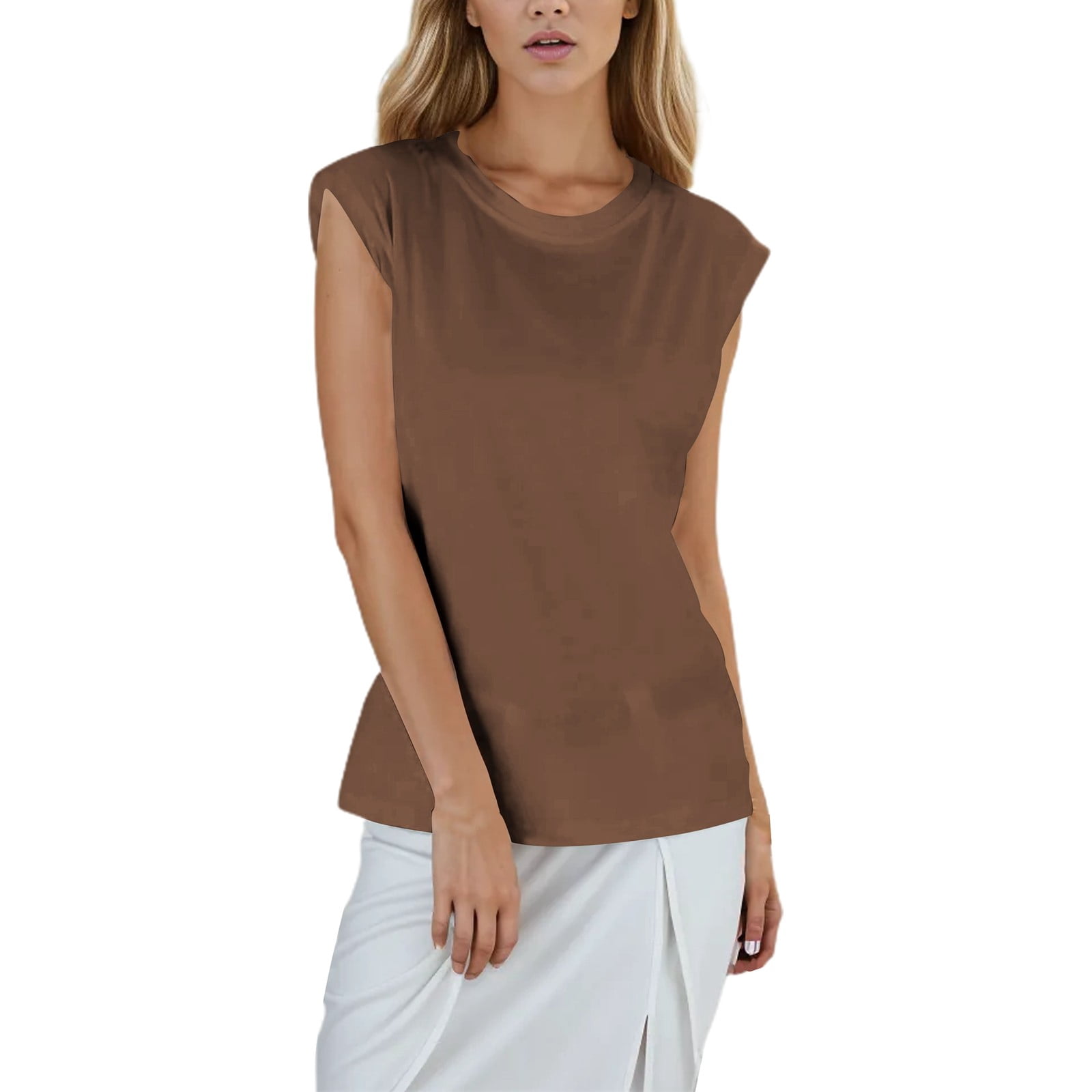 CAIVO Women's Solid Color Sleeveless T Shirt Loose Summer Blouse Casual ...