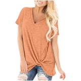CAIVO Women's V Neck Knot Short Sleeve T Shirt Versatile Solid Color ...