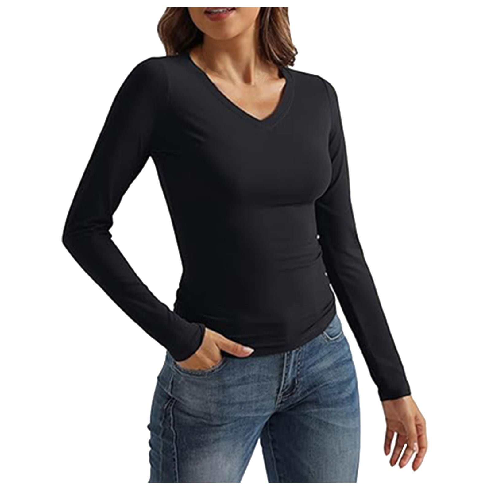 CAIVO Women's V Neck Long Sleeve Basic Slim Fit T Shirt Cozy Solid ...