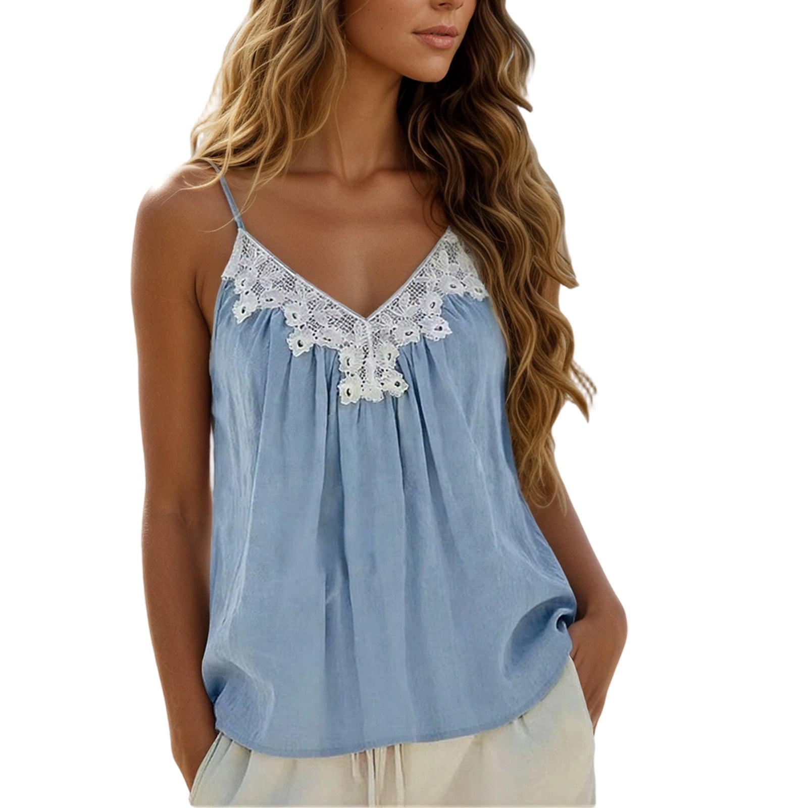 CAIVO Womens Casual Tank Tops Elegant Summer V Neck Lace Trim Pleated ...