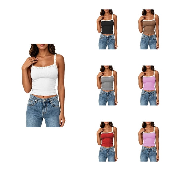 CAIVO Womens Cropped Tank Tops Lace Trim Summer Square Neck Layering ...