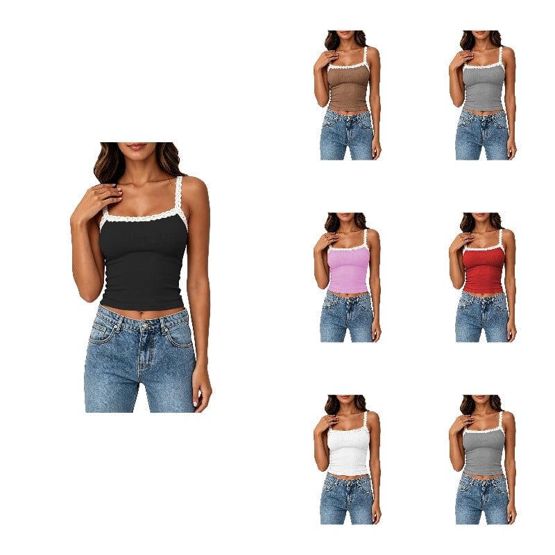 CAIVO Womens Cropped Tank Tops Lace Trim Summer Square Neck Layering ...