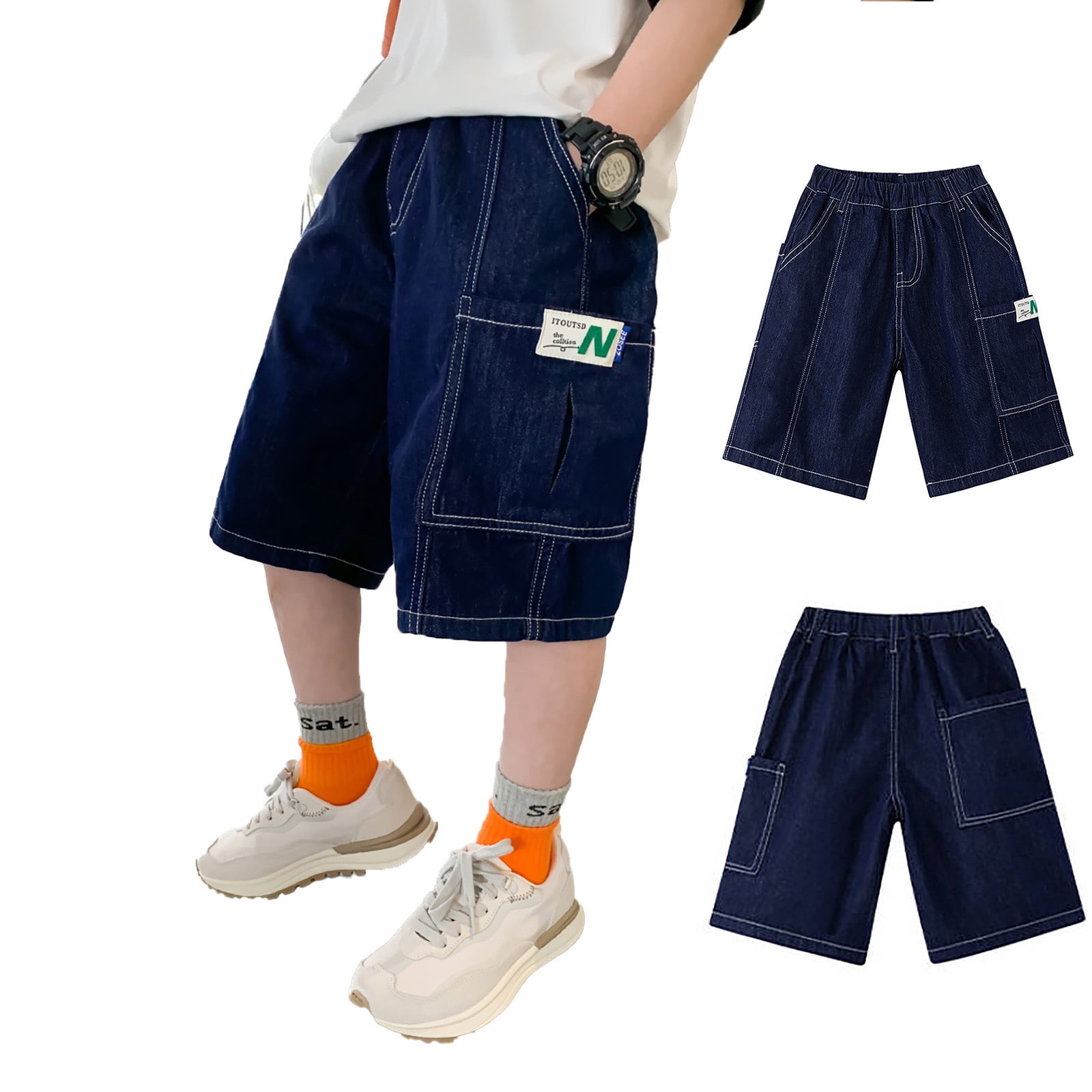 CAIXIA Baggy Jeans Shorts Boys Wide Leg Pants Denim Shorts Knee Length ...