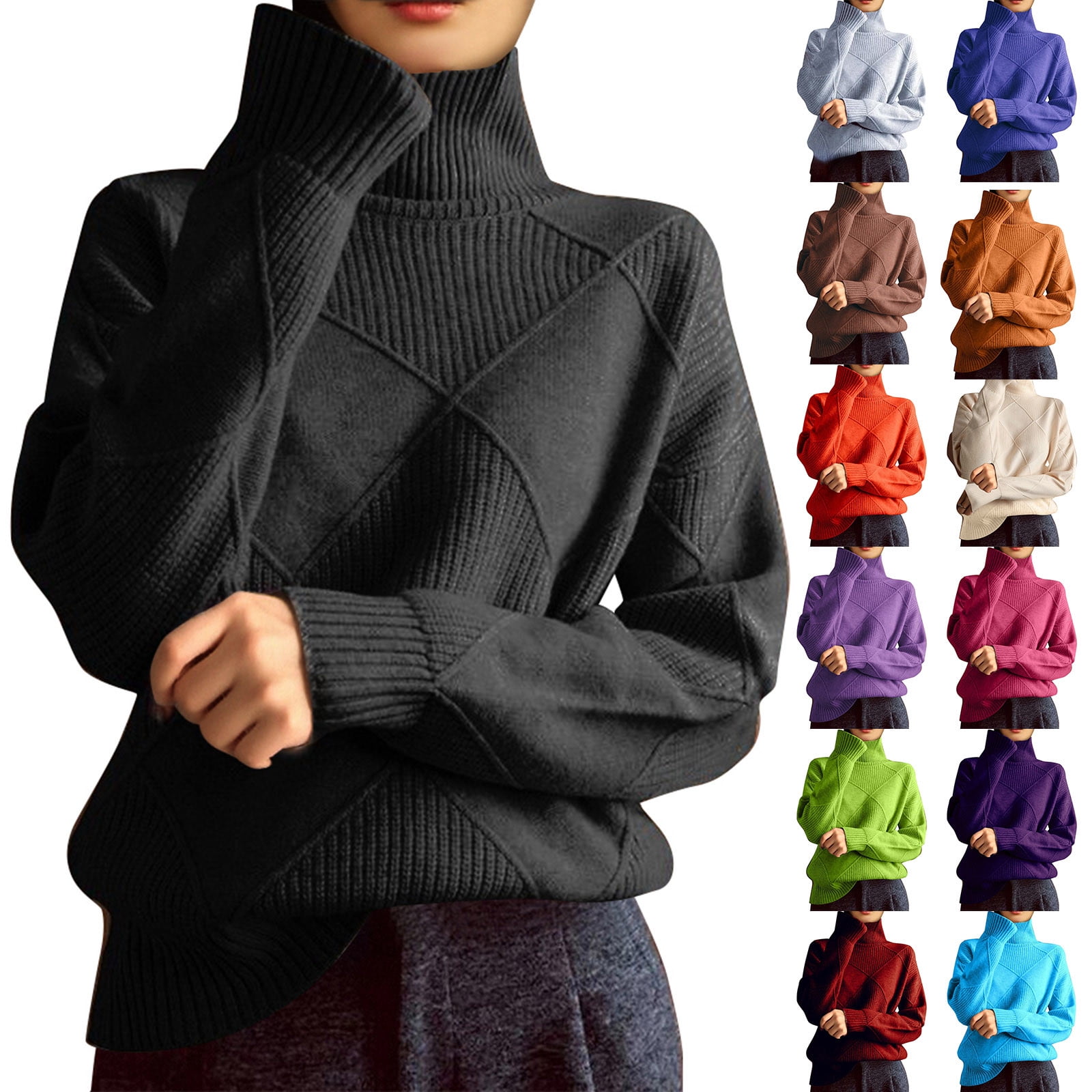 CAIXIA Cable Knit Sweater Women Casual High Neck Solid Color Pullover ...