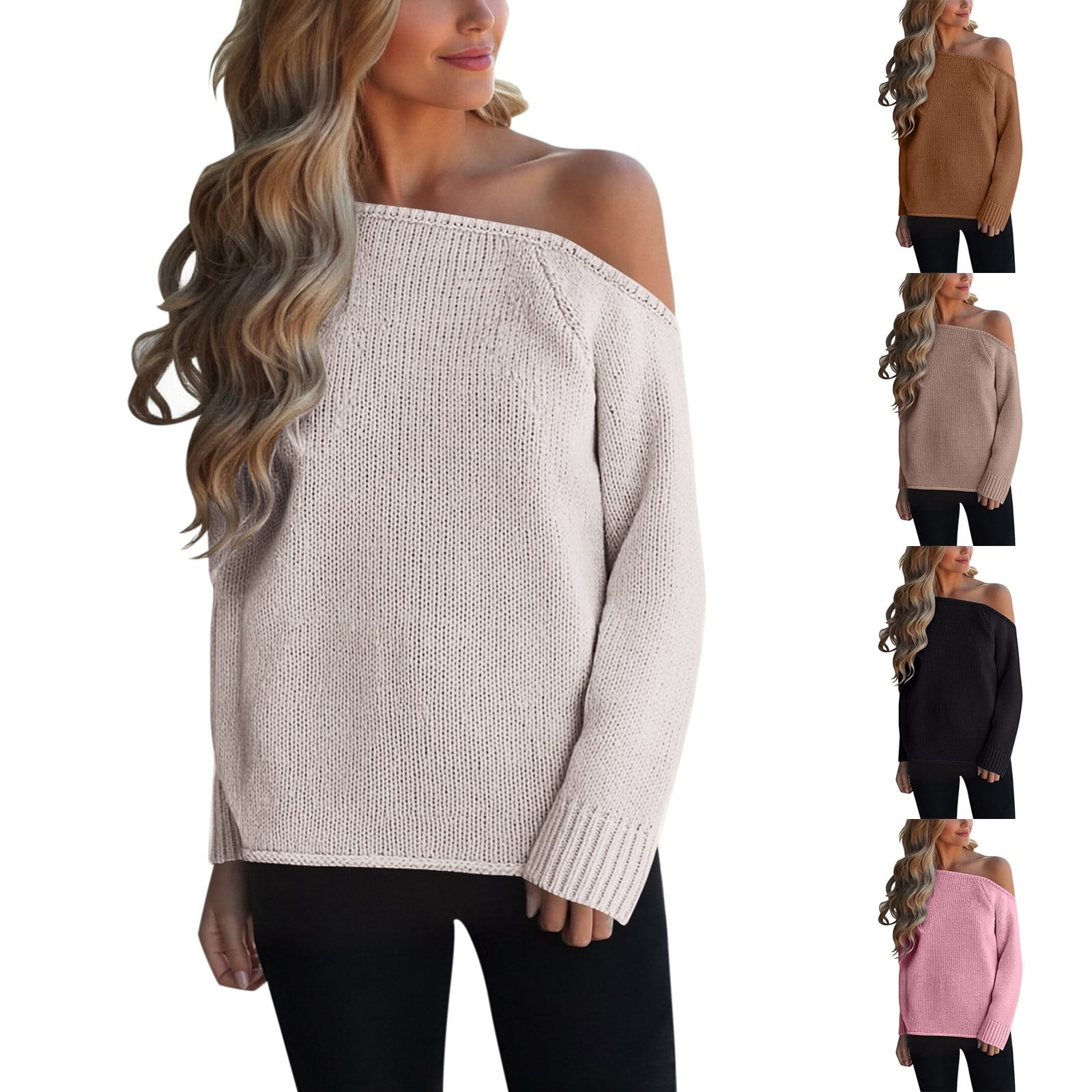 CAIXIA Cable Knit Sweater Women Off Shoulder Pullover Sweater Soft ...