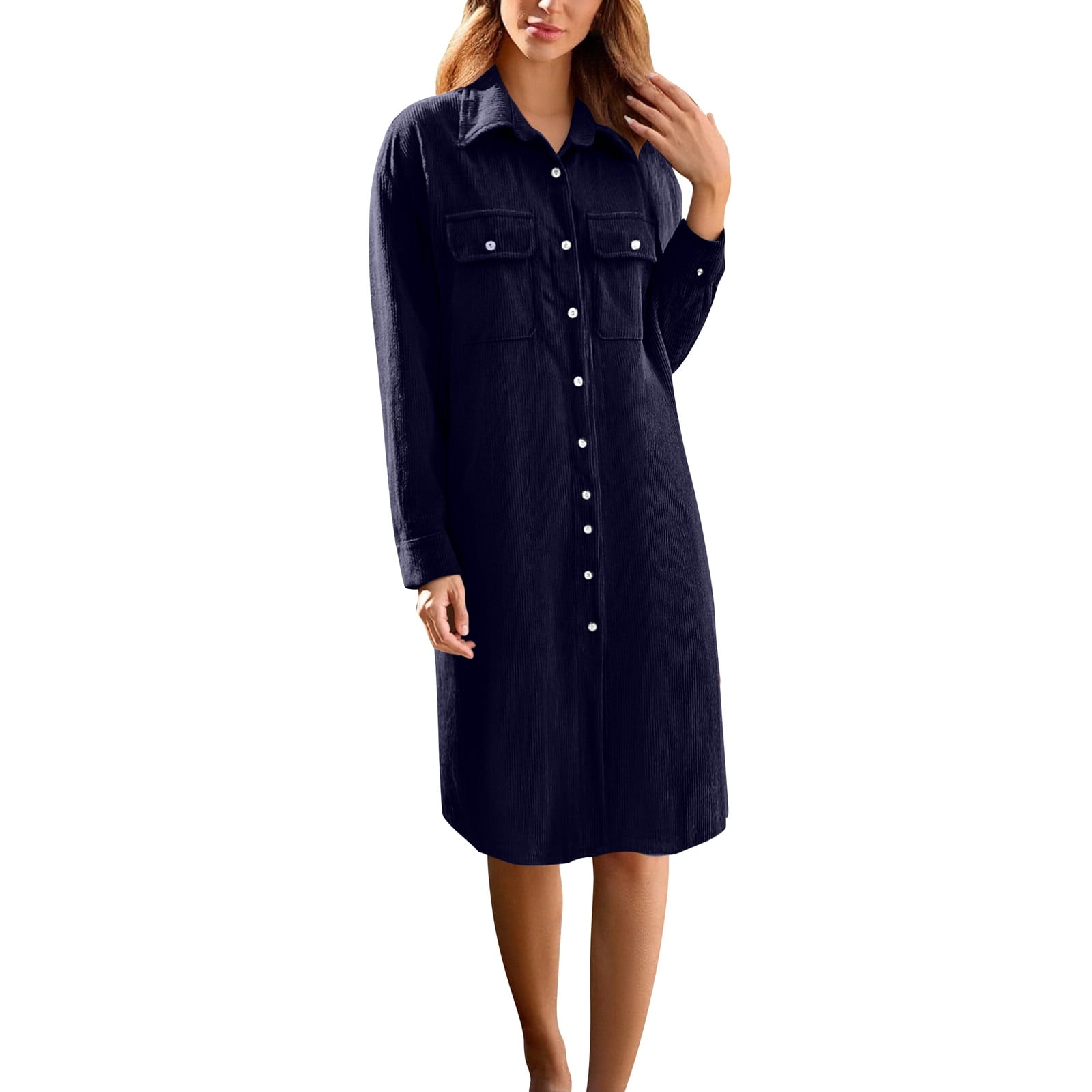 CAIXIA Corduroy Dress Women Midi Fall Vintage Long Sleeve Shirt Dress ...