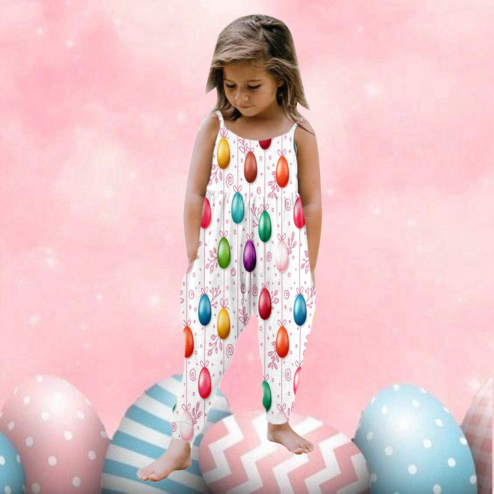 CAIXIA Easter Bunny Girls Casual Sleeveless Jumpsuits Spaghetti Straps ...