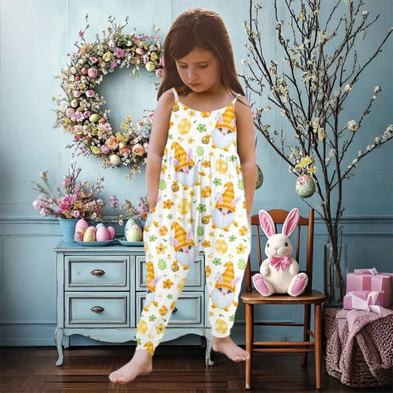 CAIXIA Easter Girls Wide Leg Jumpsuit Kids Casual Sleeveless Romper ...
