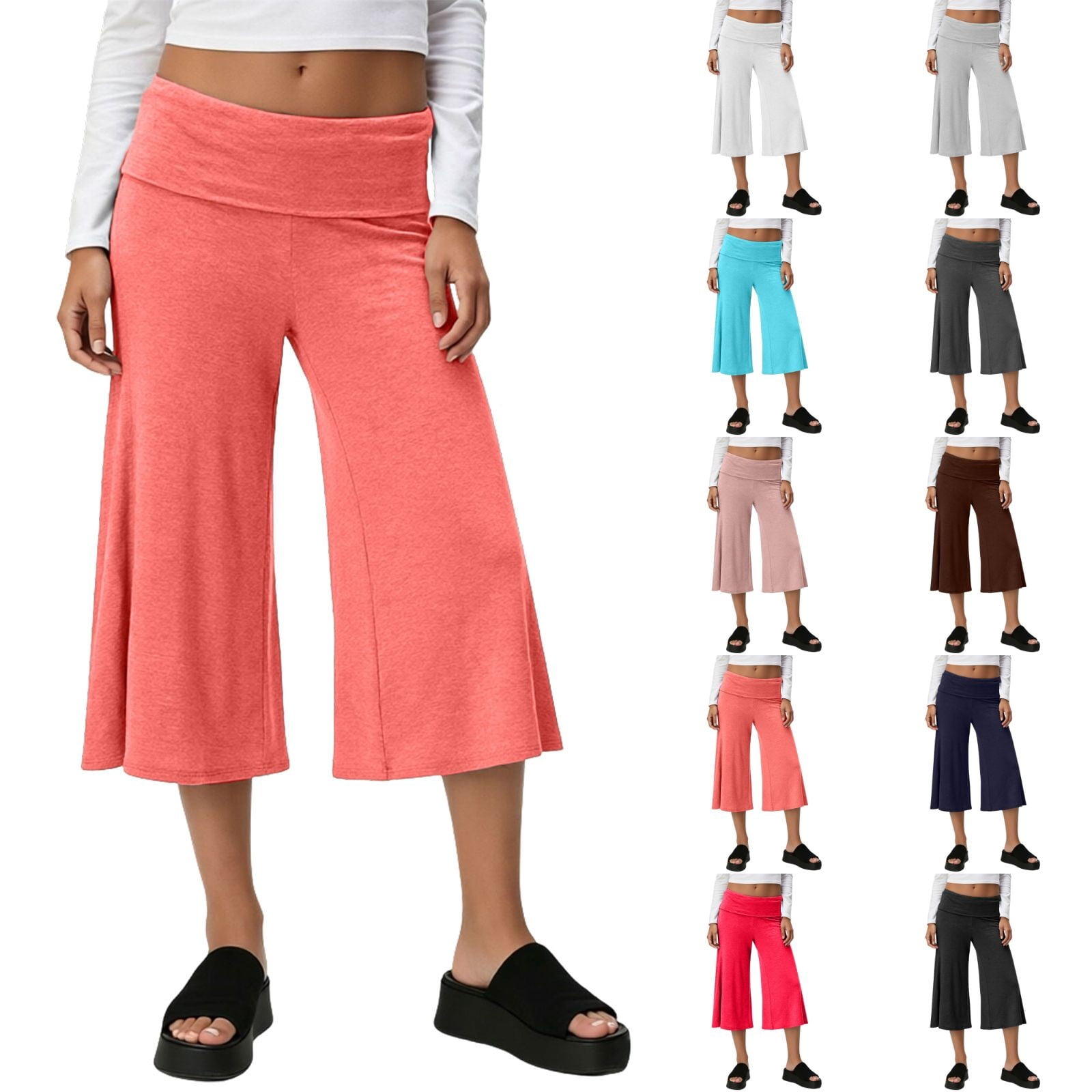CAIXIA Fold Over Wide Leg Capri Pants for Women Low Rise Cropped Gaucho ...
