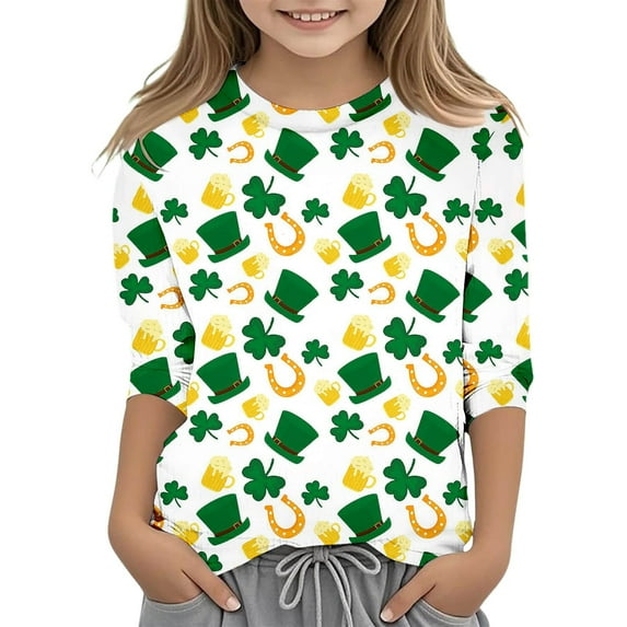CAIXIA Girl Shirt 3/4 Sleeve Cotton T-Shirt St Patricks Day Shamrock ...