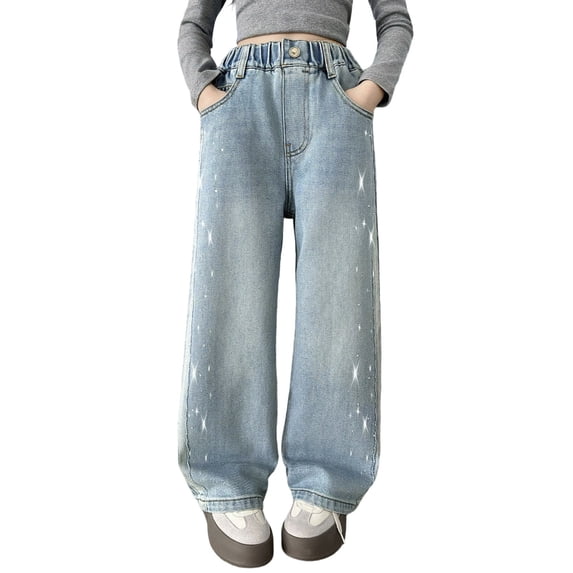 CAIXIA Girls Baggy Jeans Wide Leg Washed Denim Pants High Elastic ...