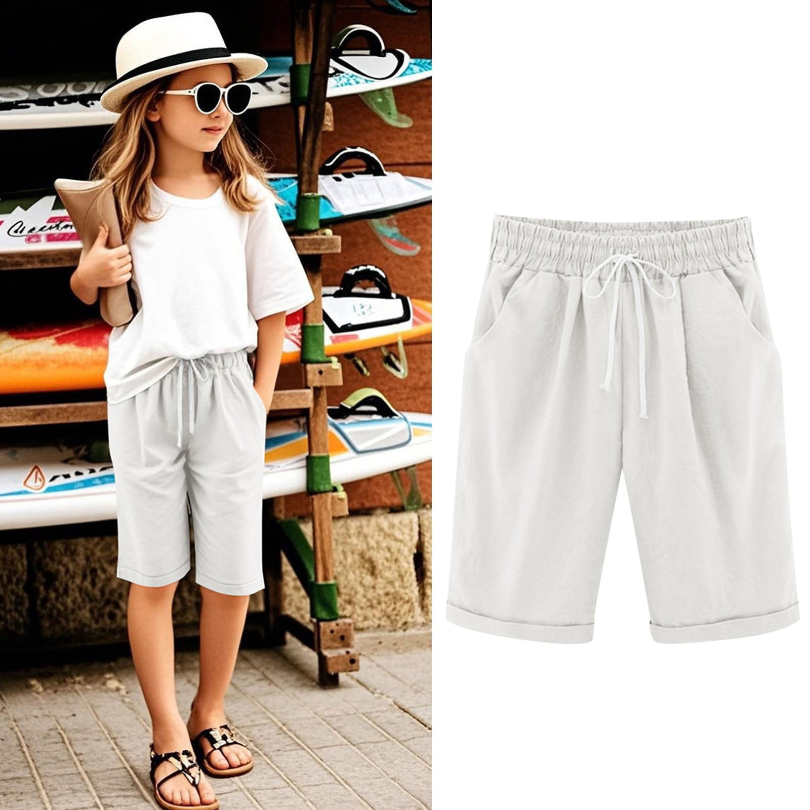 CAIXIA Girls Bermuda Shorts Pull On Knee Length Kids Drawstring Loose ...