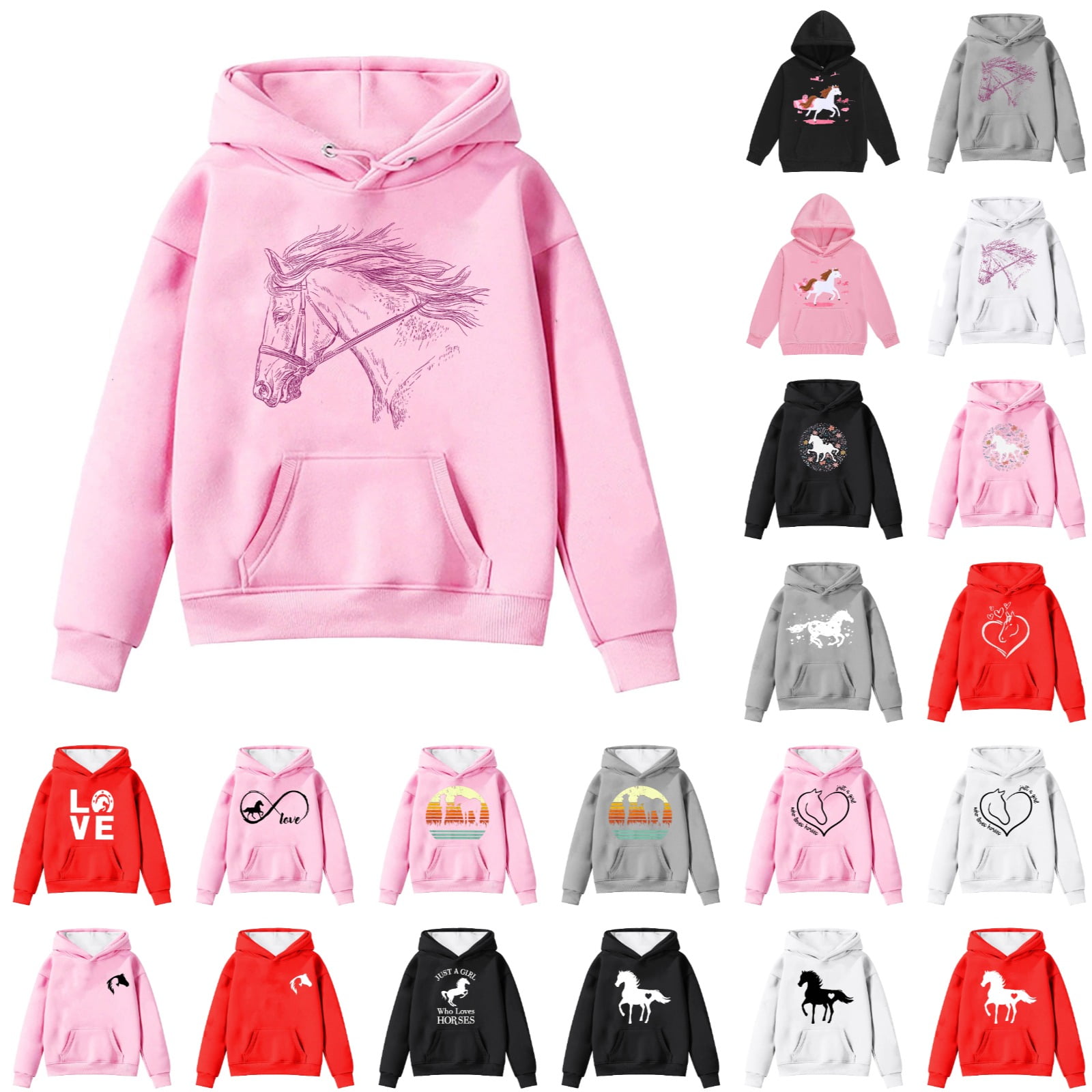CAIXIA Girls Hoodies Y2K Fall Fashion,Long Sleeve Solid Cartoon White Horse Print Sweatshirt ...