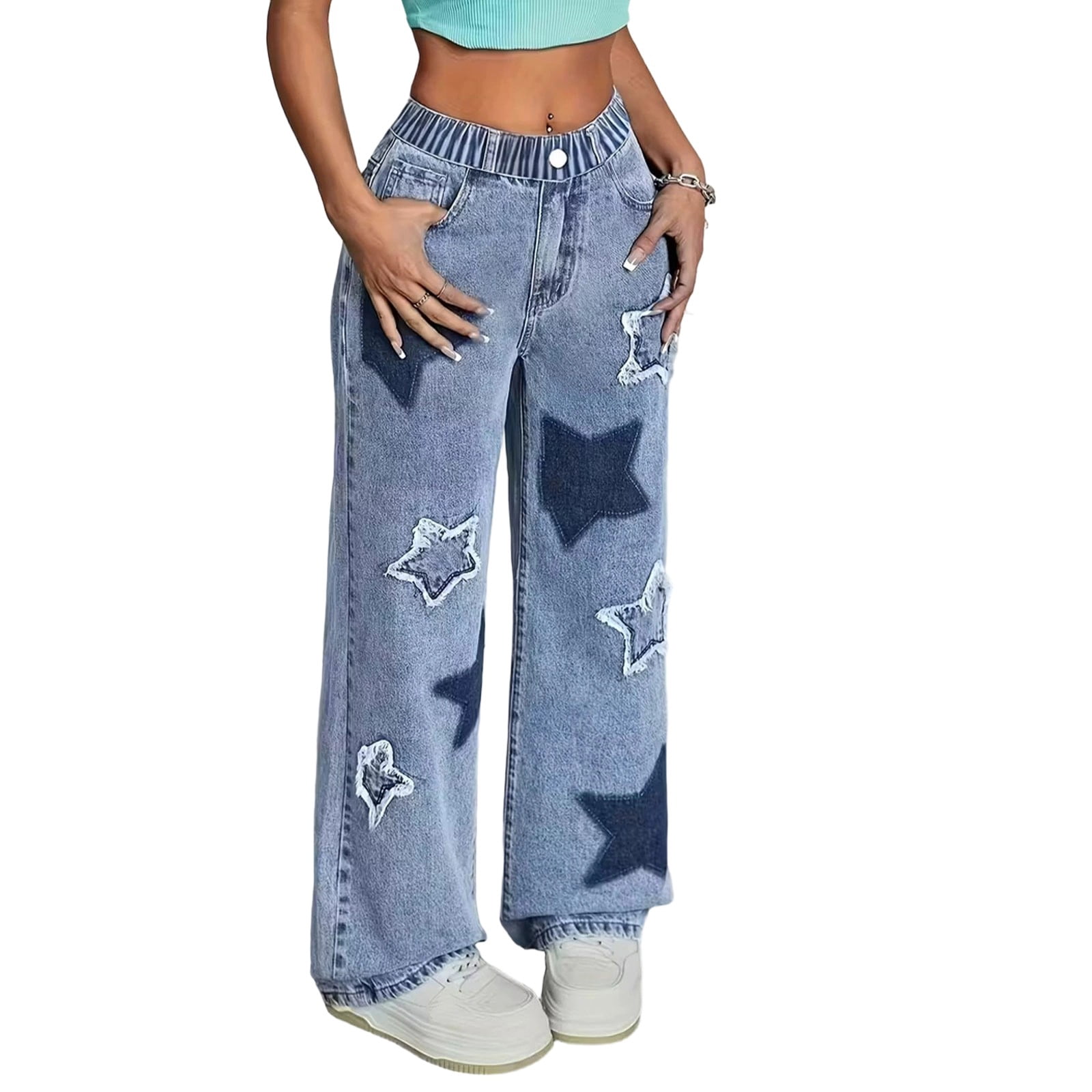 CAIXIA Girls Jeans Baggy Wide Leg Hip Hop Loose Denim Pants High ...