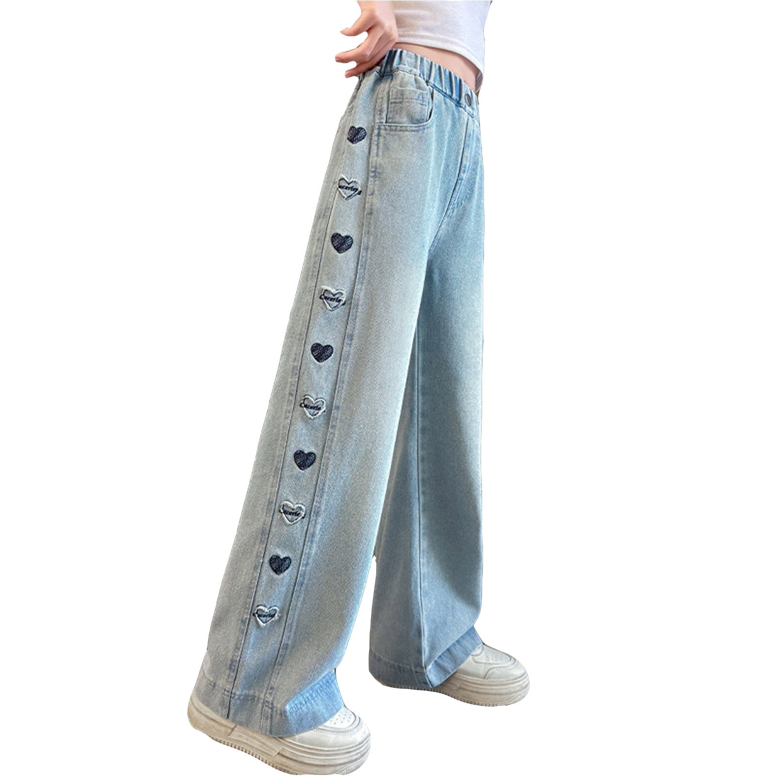 CAIXIA Girls Jeans Size 7,Trendy Girls Pants Embroidered Heart Wide Leg ...