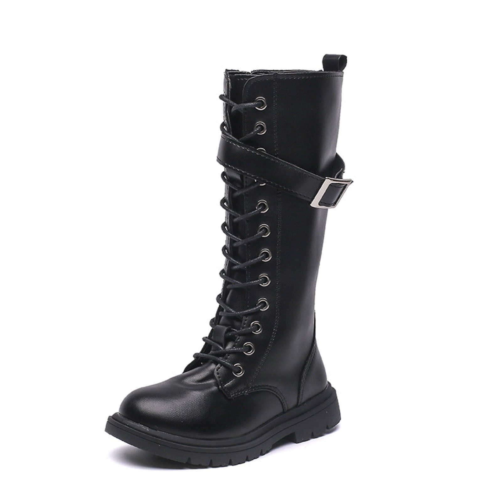 CAIXIA Girls Leather Lace Up Knee High Boots with Side Zipper Fashion Comfortable Round Toe Low ...
