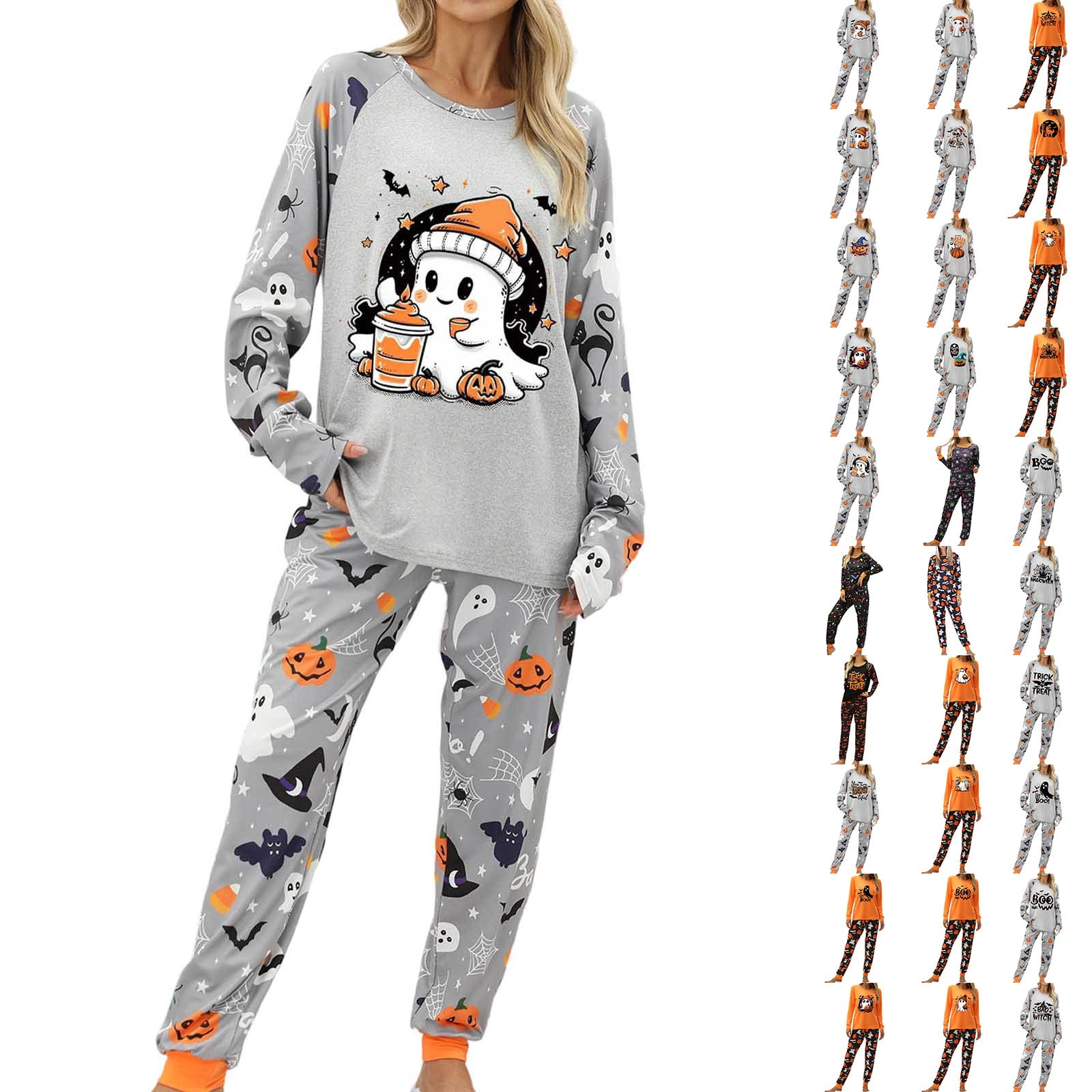 CAIXIA Halloween Pajamas Women 2 Piece Set Holiday Pjs Long Sleeve Shirts and Pants Ghosts ...