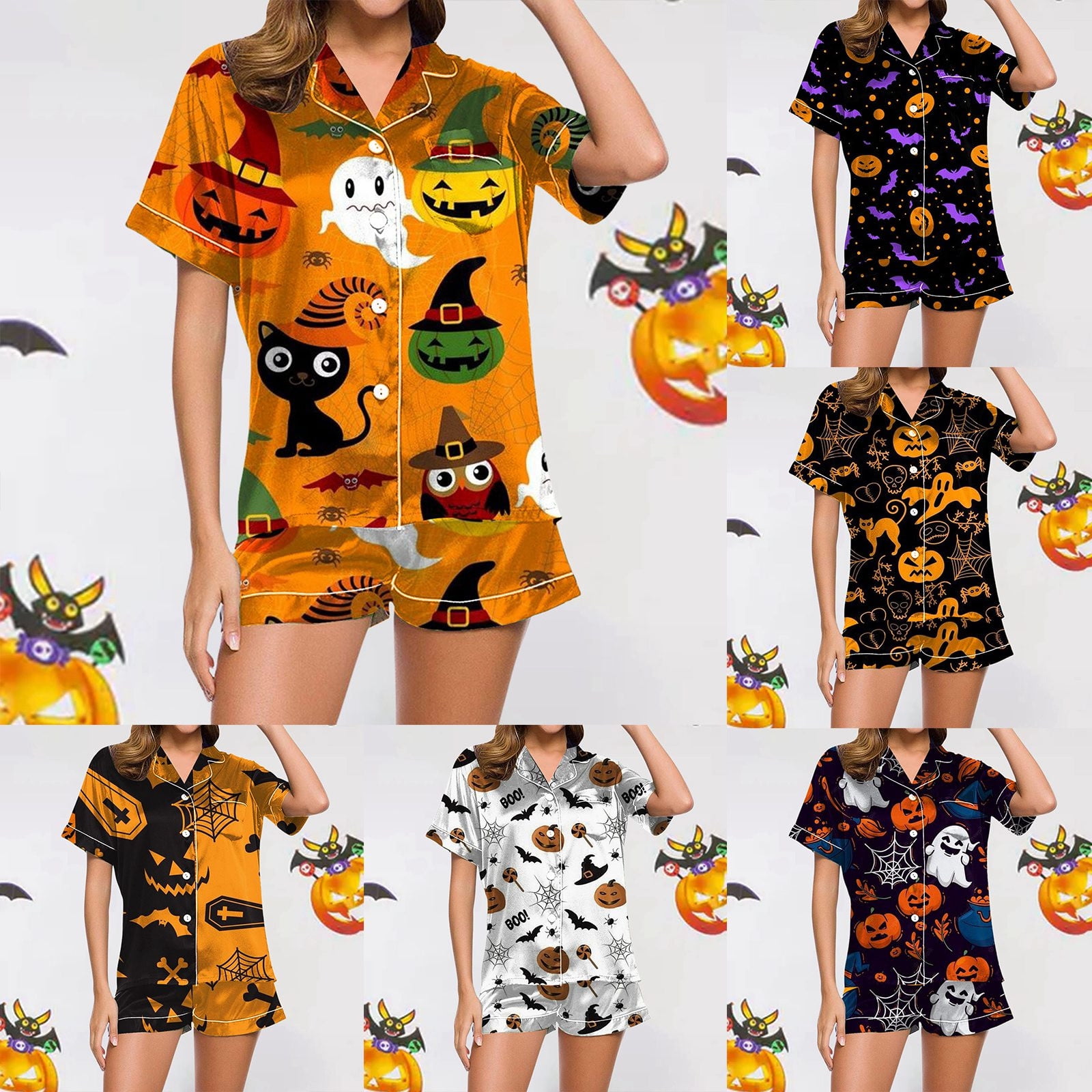 CAIXIA Halloween Pajamas for Women Set Cute Silk Satin 2 Piece Button ...