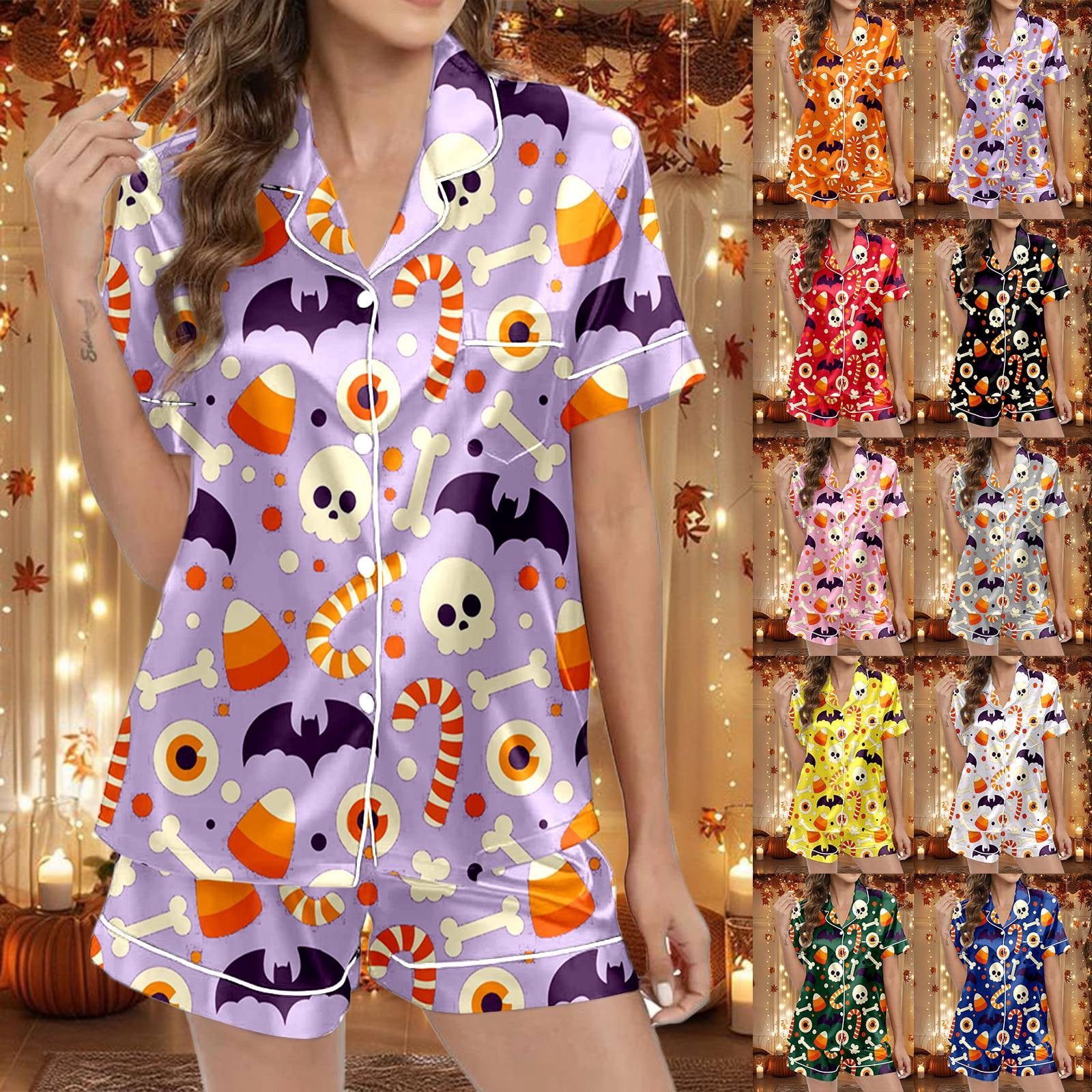 CAIXIA Halloween Satin Pajamas for Women 2 Piece Button Down Silk Pjs ...