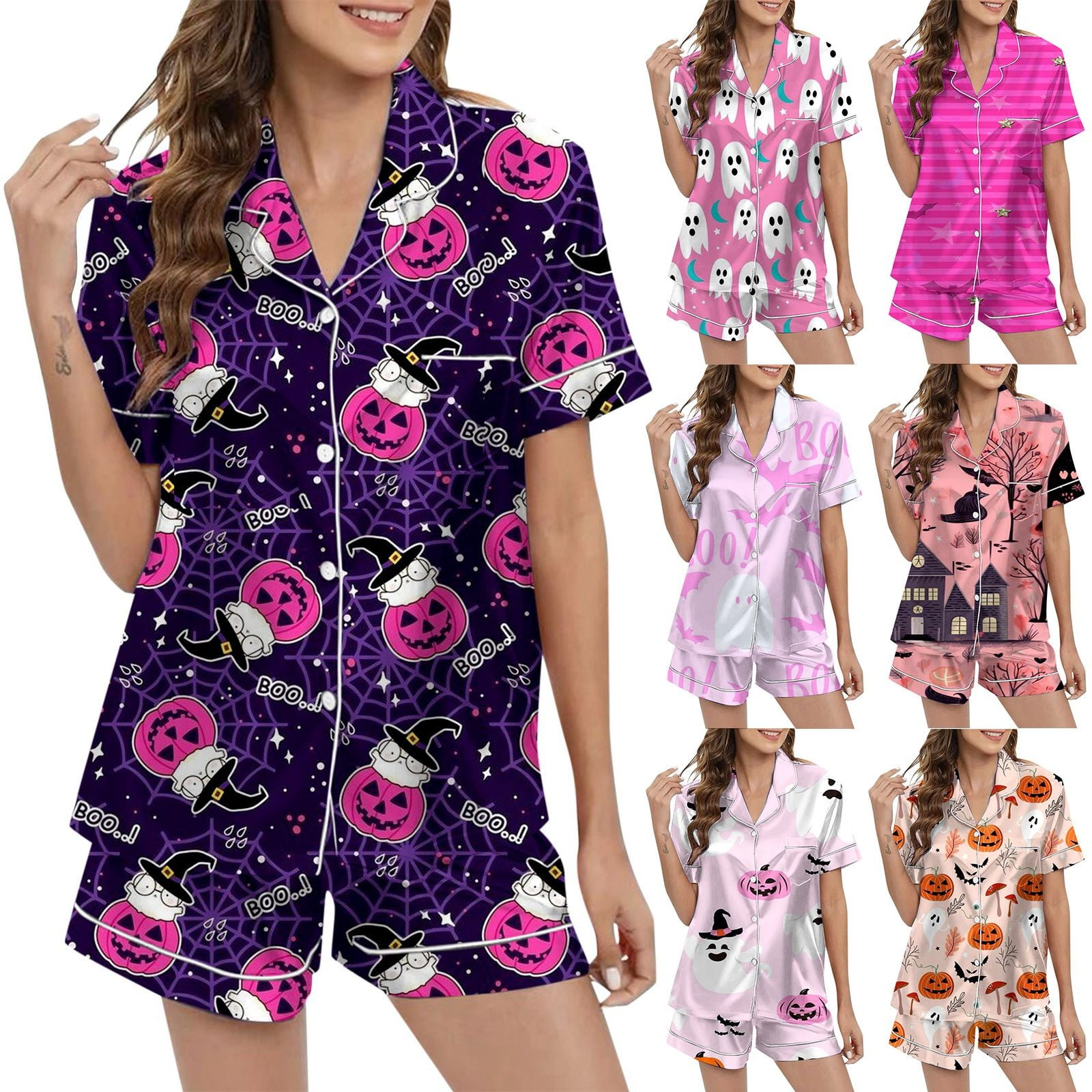 CAIXIA Halloween Satin Silk Pajamas for Women 2 Pcs Button Down Silk ...
