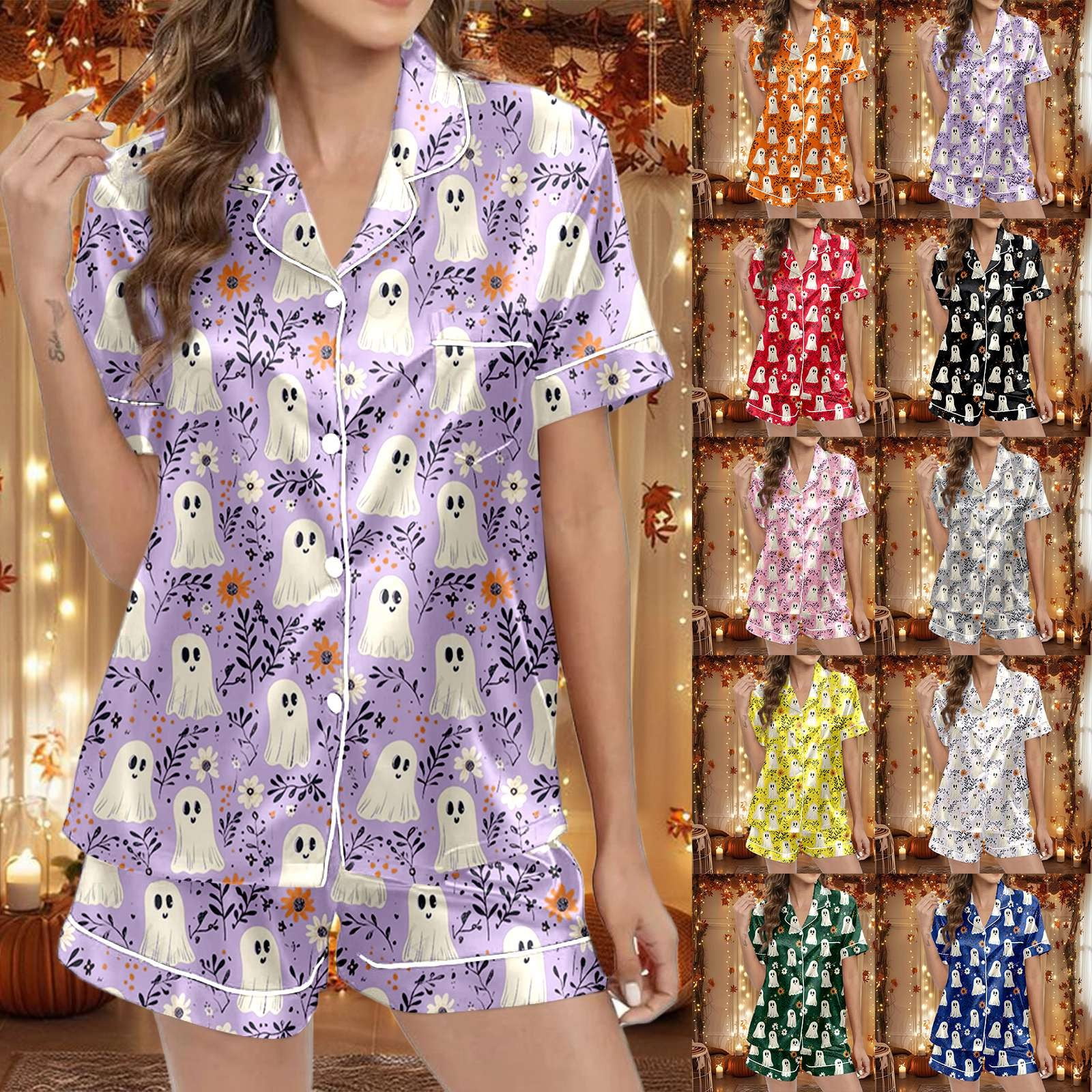 CAIXIA Halloween Satin Silk Pajamas for Women 2 Pcs Short Sleeve Button ...
