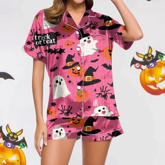 CAIXIA Halloween Womens Satin Pajama Set 2 Pcs Button Down Silk Pjs ...