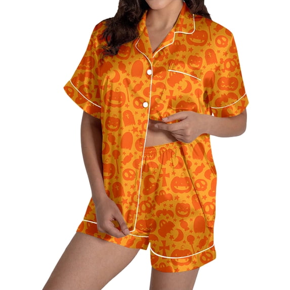 CAIXIA Halloween Womens Satin Pajama Set 2 Pcs Button Down Silk Pjs ...