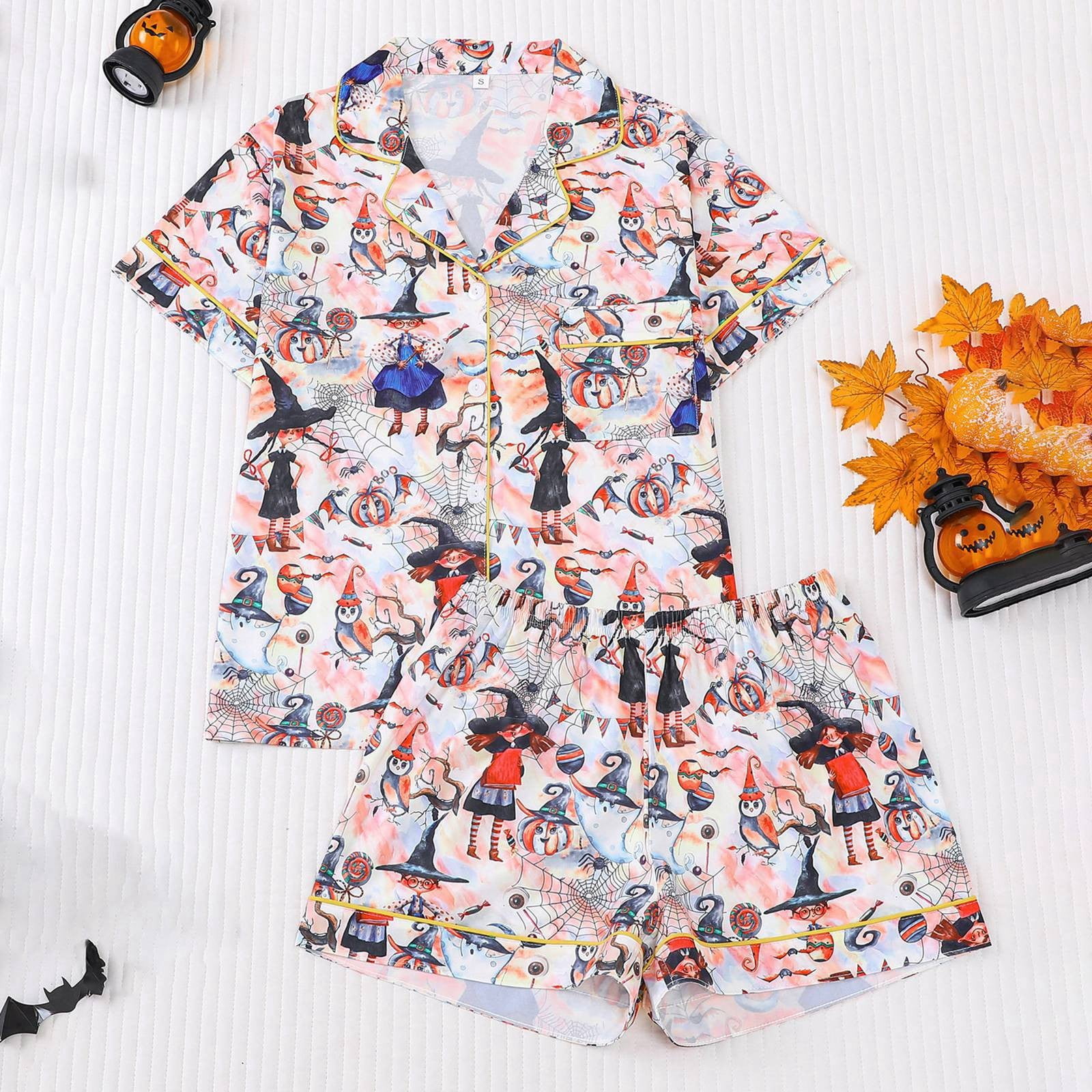 CAIXIA Halloween Womens Satin Pajamas Set 2 Pcs Button Down Silk Pjs ...