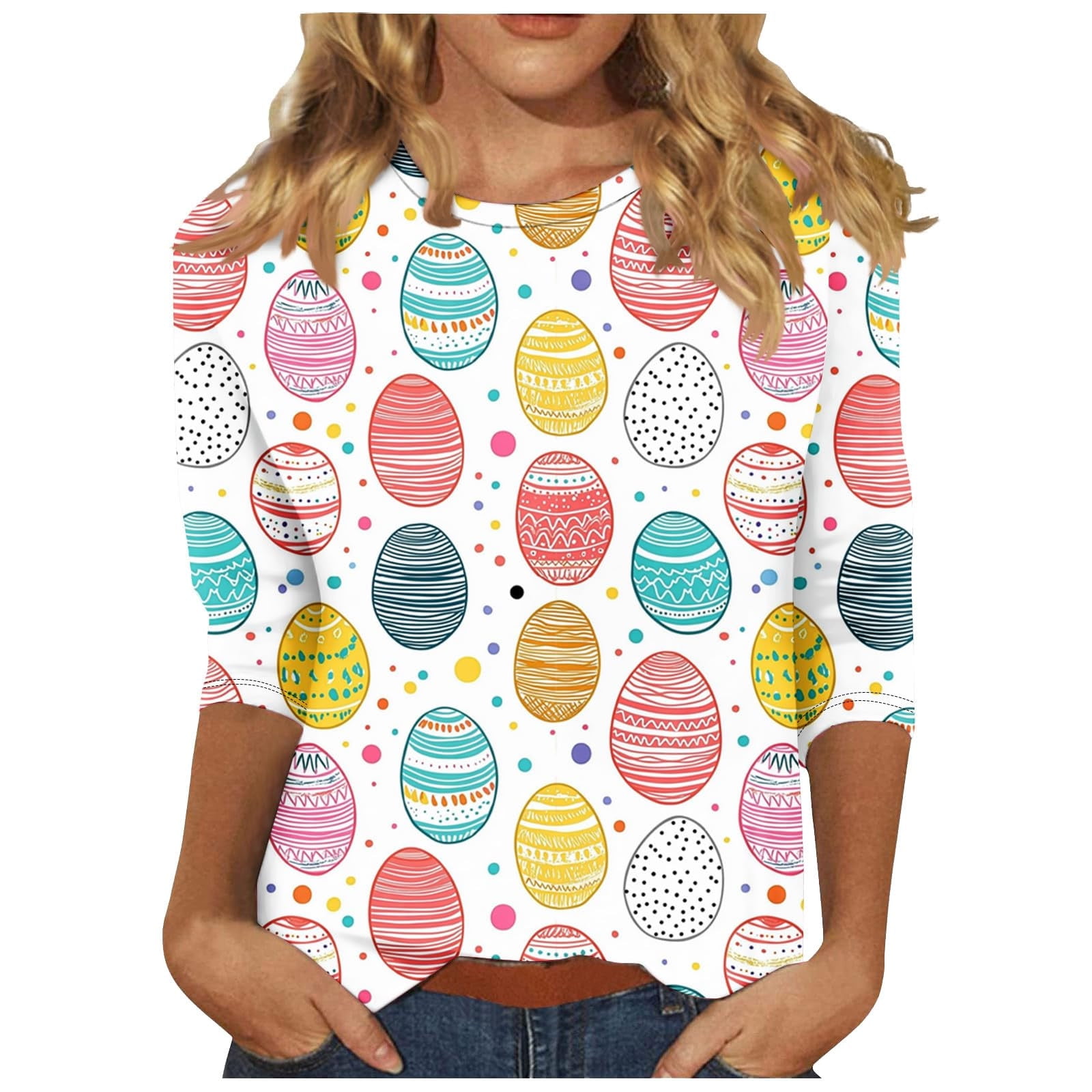 CAIXIA Happy Easter Shirts for Women 3/4 Length Sleeve Rabbit Family ...