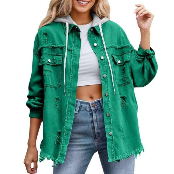 CAIXIA Jean Jacket Women Trendy Ripped Denim Button Down Shirt ...