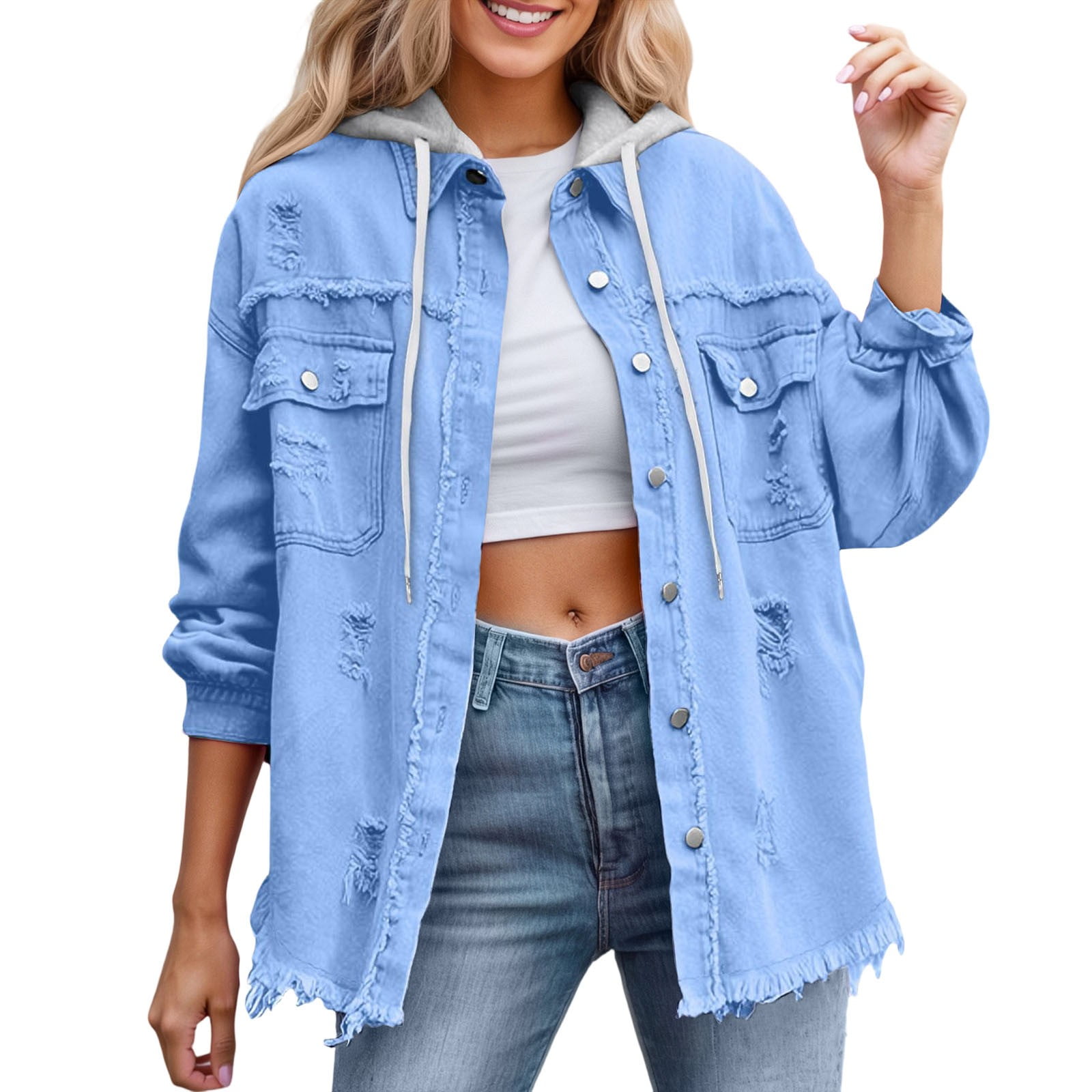 CAIXIA Jean Jacket Women Trendy Ripped Denim Button Down Shirt ...