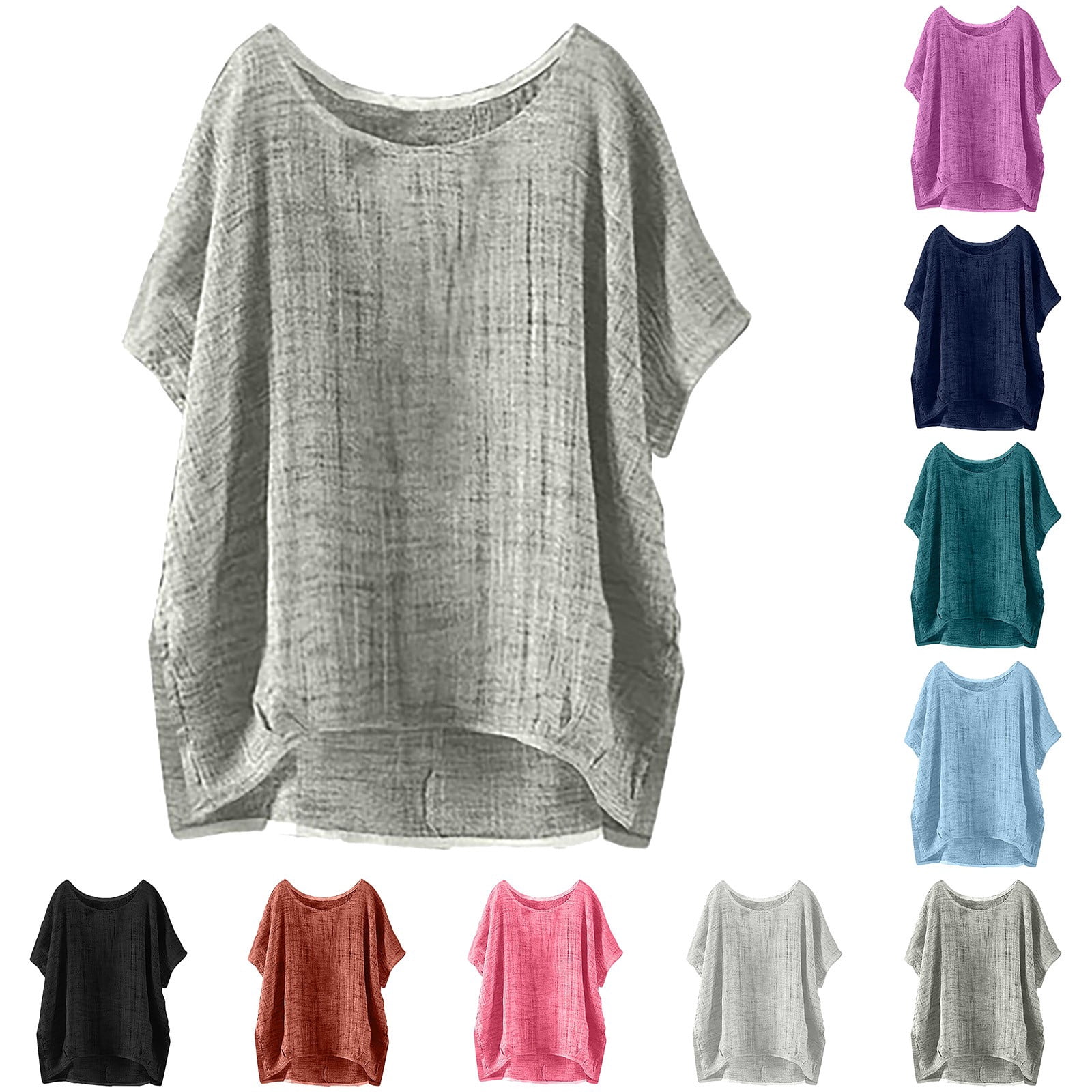 CAIXIA Linen Shirt Women Summer Cotton Blouse Loose Round Neck Short ...