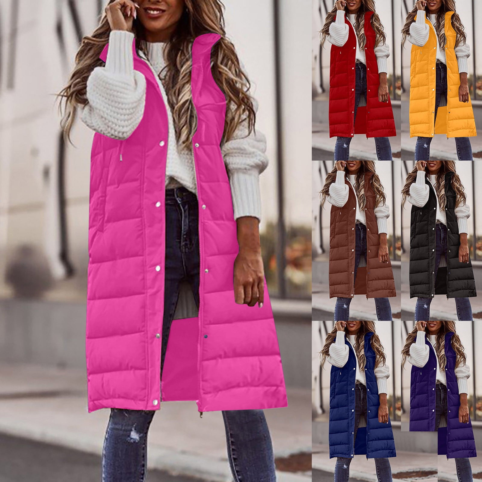 CAIXIA Long Puffer Vest Women Sleeveless Puffer Jacket with Hoodie Button Down Zip Up Puffy Vest ...