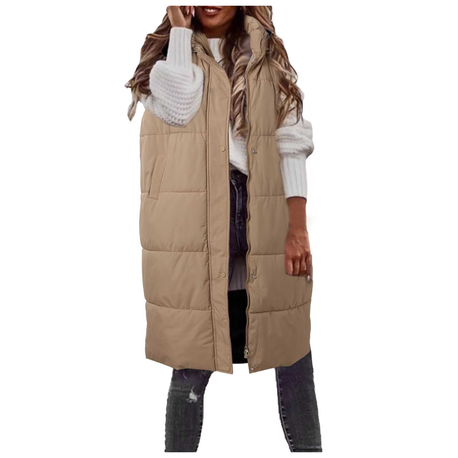 CAIXIA Long Puffer Vest Women Solid Color Sleeveless Hood Winter Puffer ...