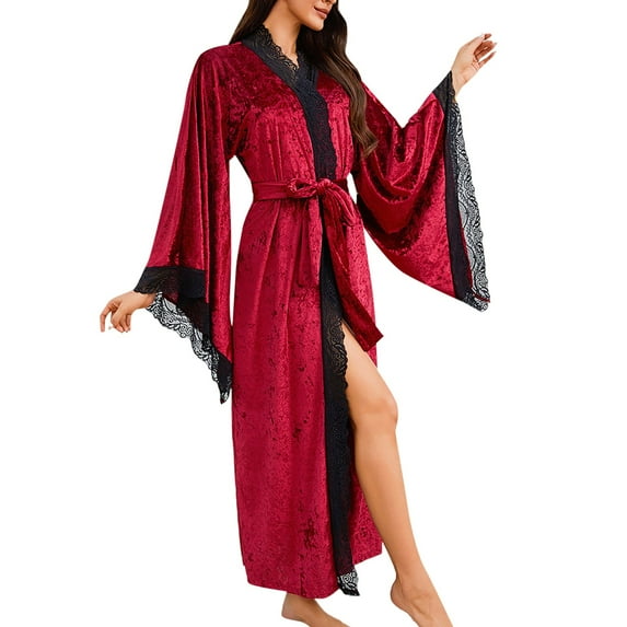 CAIXIA Long Robes For Women Waffle Women's Solid Color Splicing Robe Breathable Bathrobe Home ...