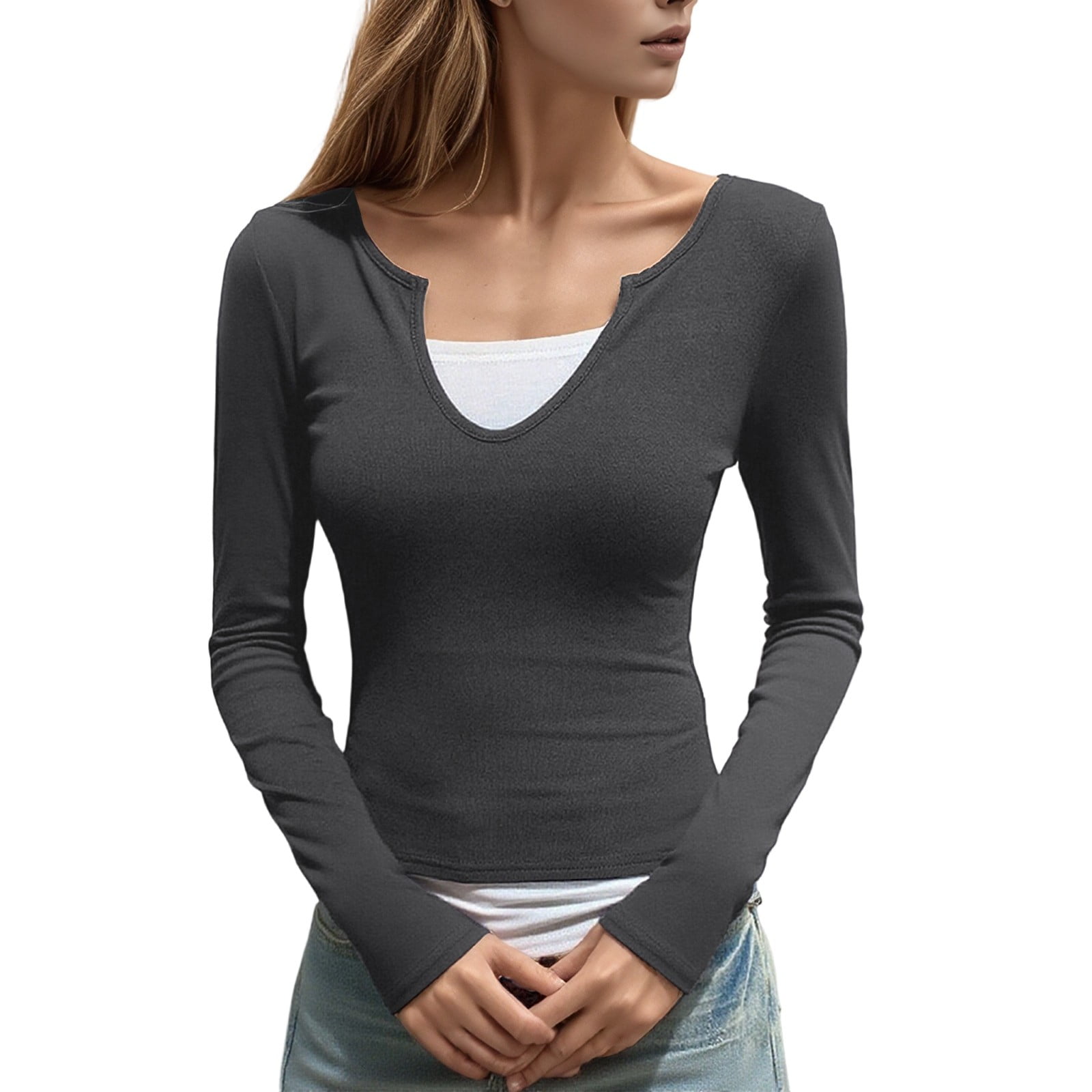 CAIXIA Long Sleeve Shirts For Women Basic Casual V Neck Tops Ribbed ...
