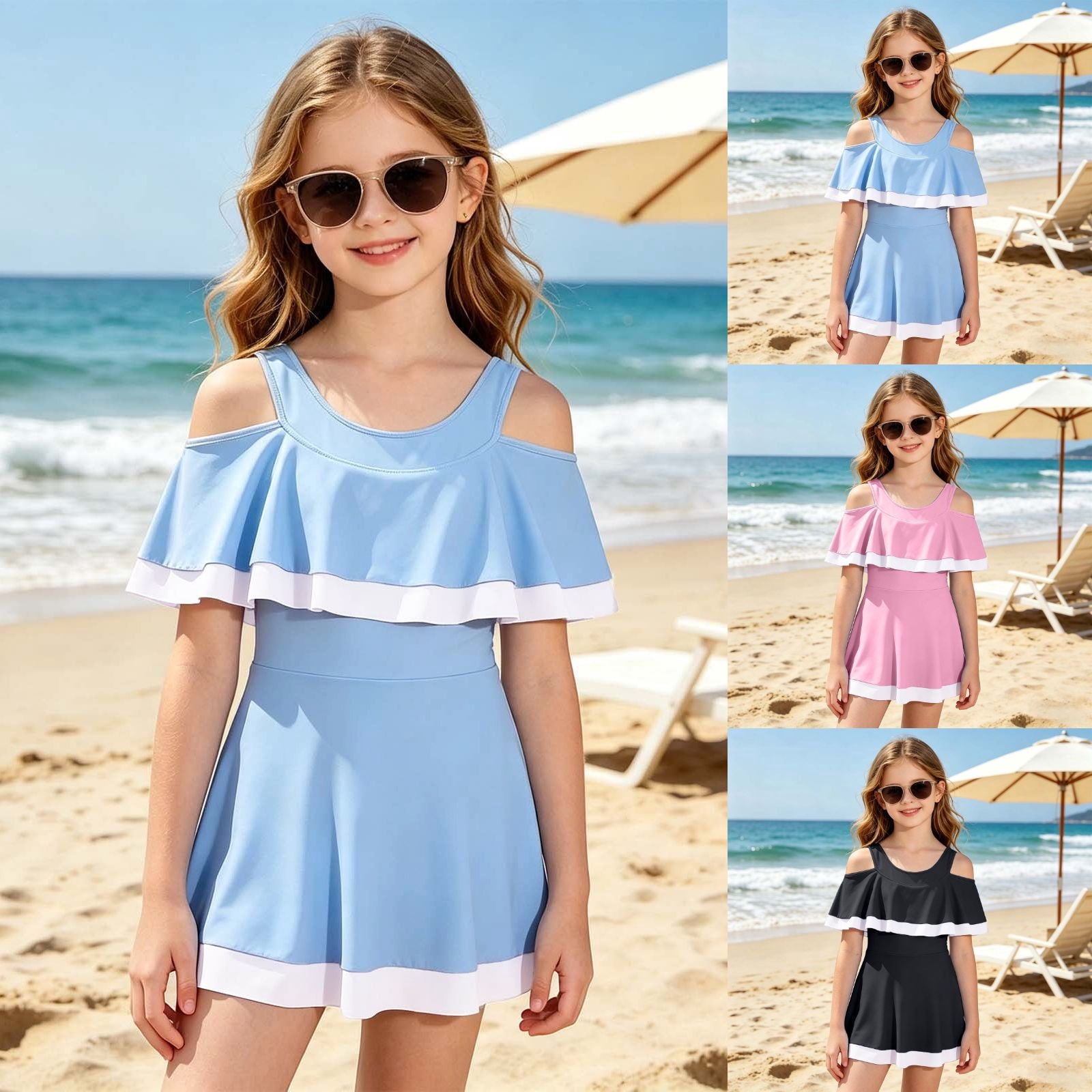 CAIXIA One Piece Swimsuit Girls Bathing Suit with Skirt Adjustable ...