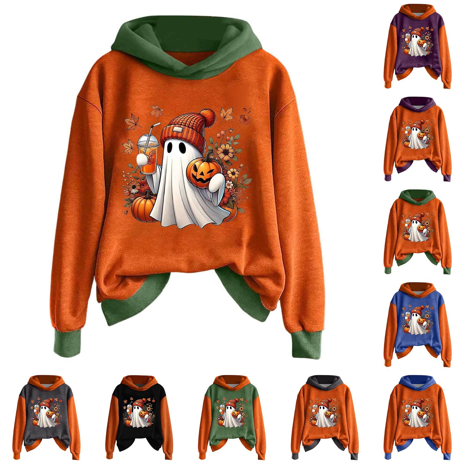 CAIXIA Oversized Hoodies for Women Cute Ghost Drinking Coffee Halloween Ghost Ice Coffee Womens ...