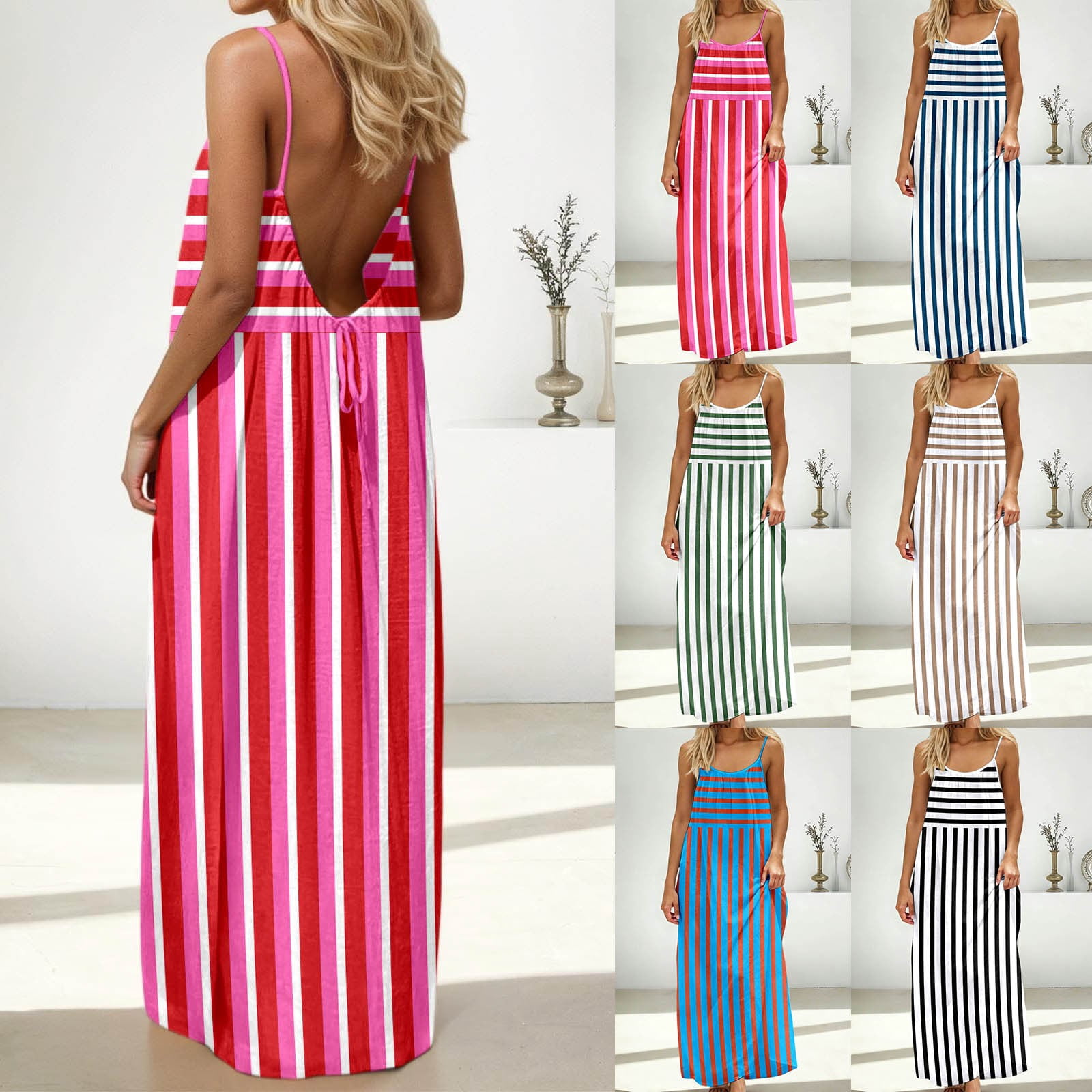 CAIXIA Striped Backless Cami Dresses for Women Spaghetti Strap ...