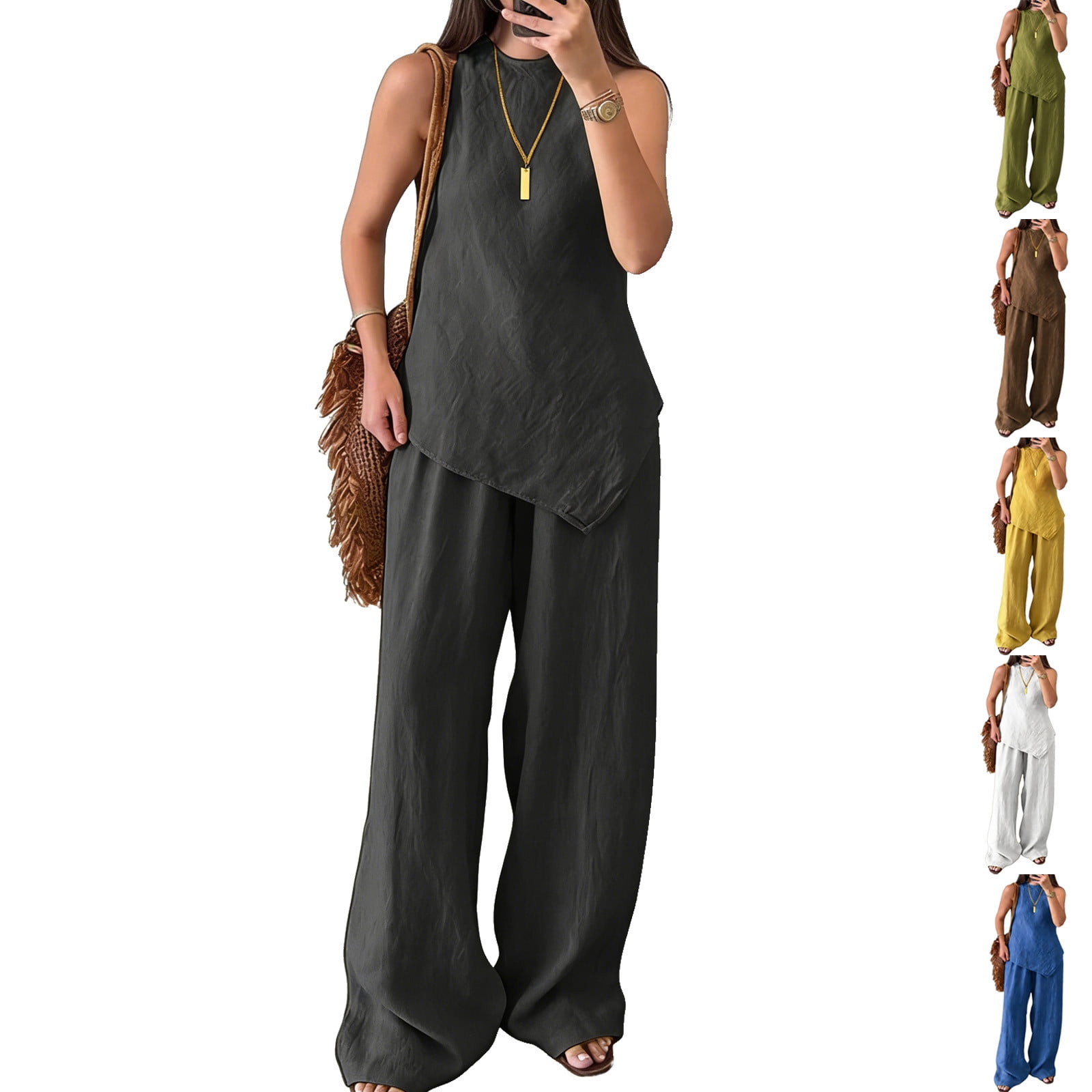 CAIXIA Summer 2 Piece Lounge Sets For Women Sleeveless Mock Neck Wide ...